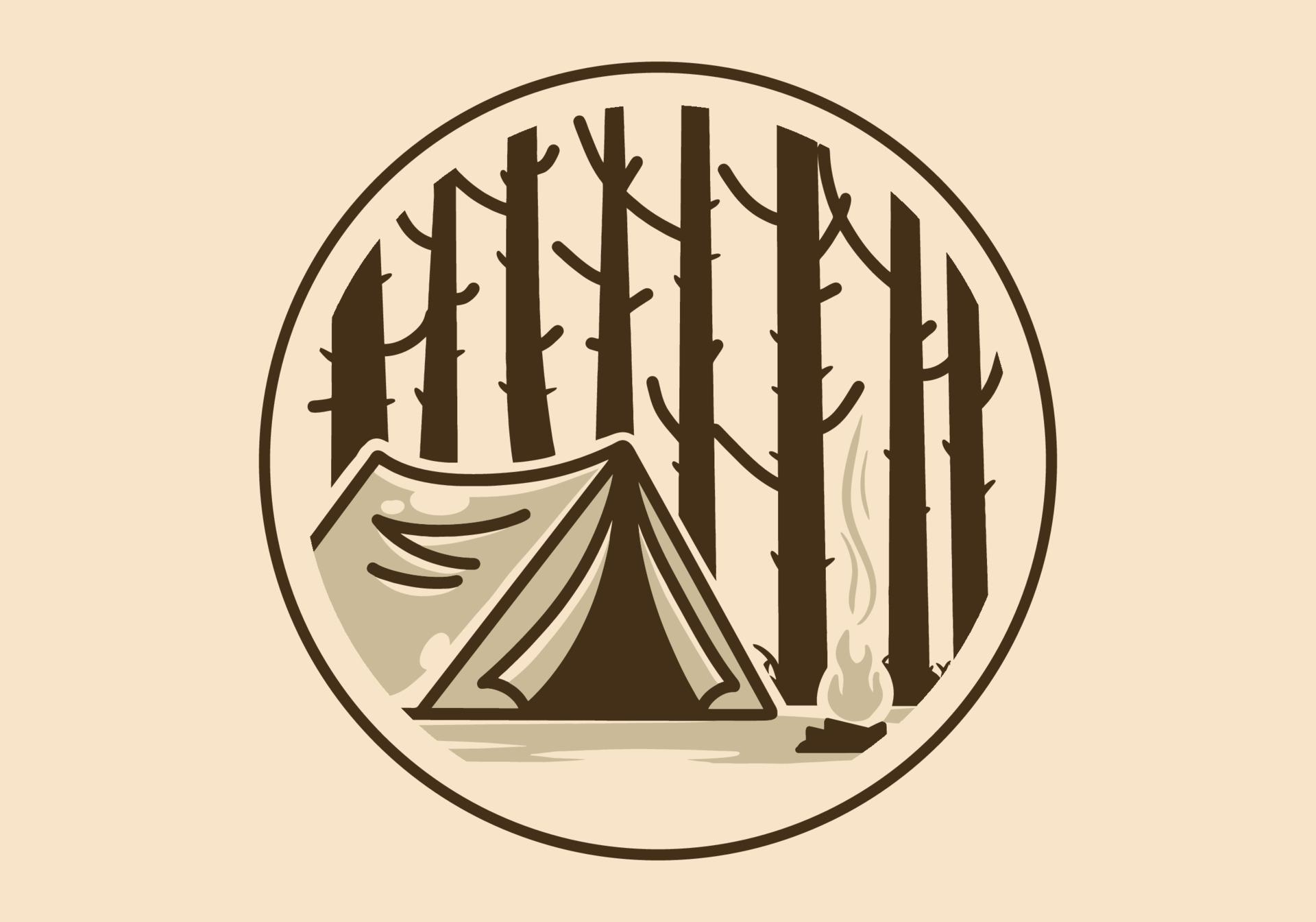 Vintage art illustration of camping tent between big trees 15737959 ...