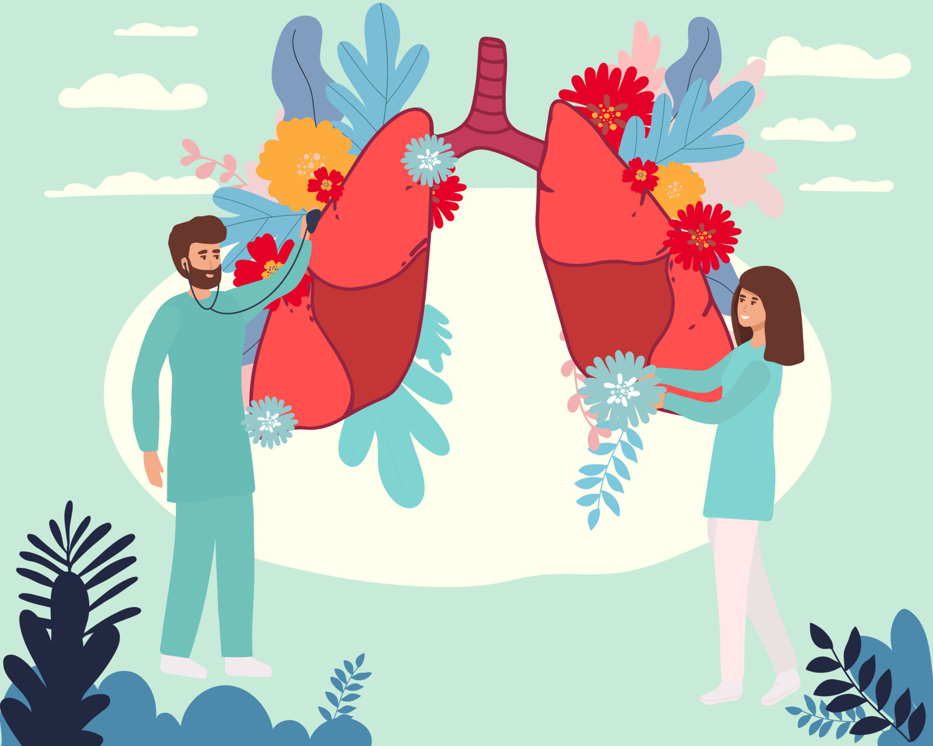 Pulmonology vector illustration. Flat tiny lungs healthcare persons concept. Abstract ...