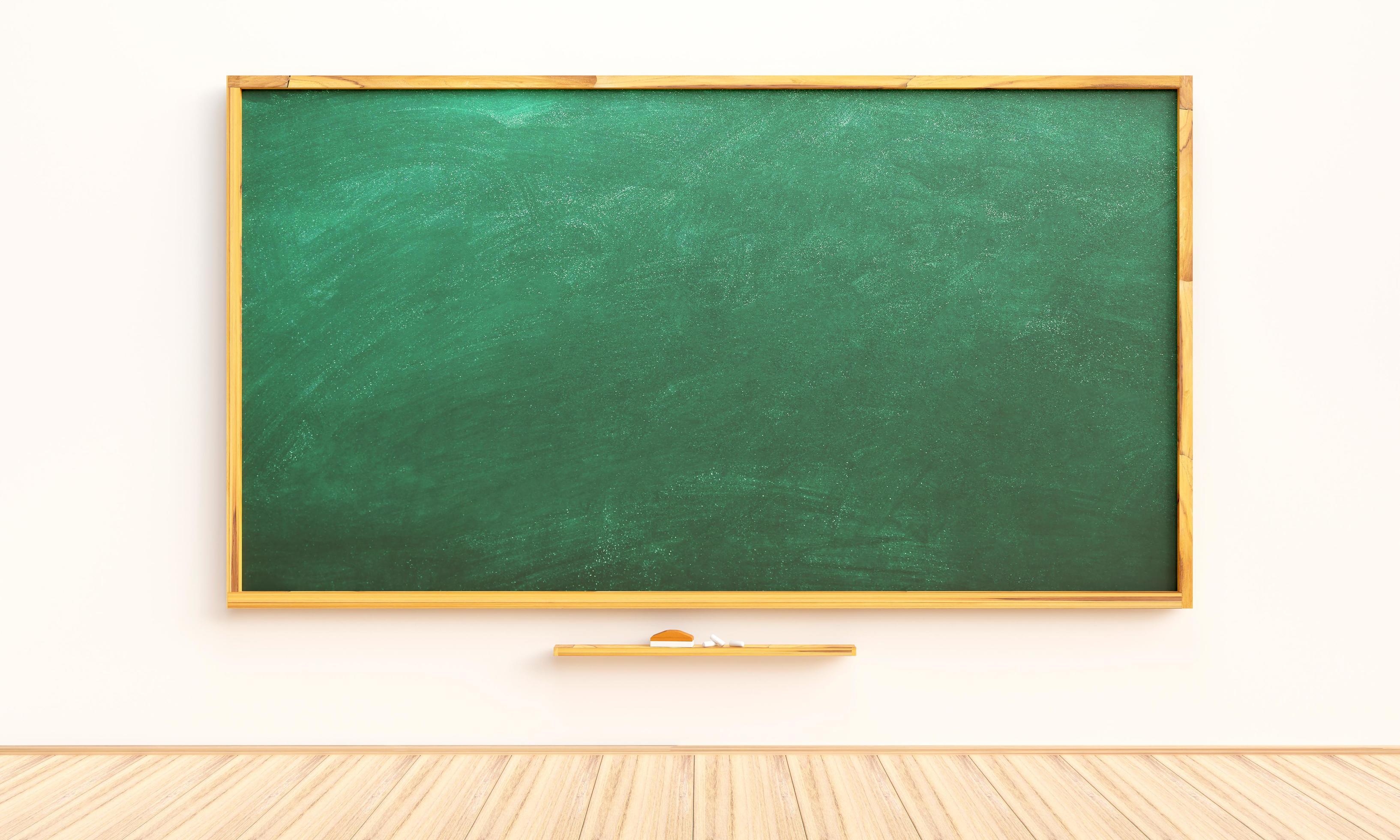 Greenboard background, chalkboard with wooden frame in room. Blank ...