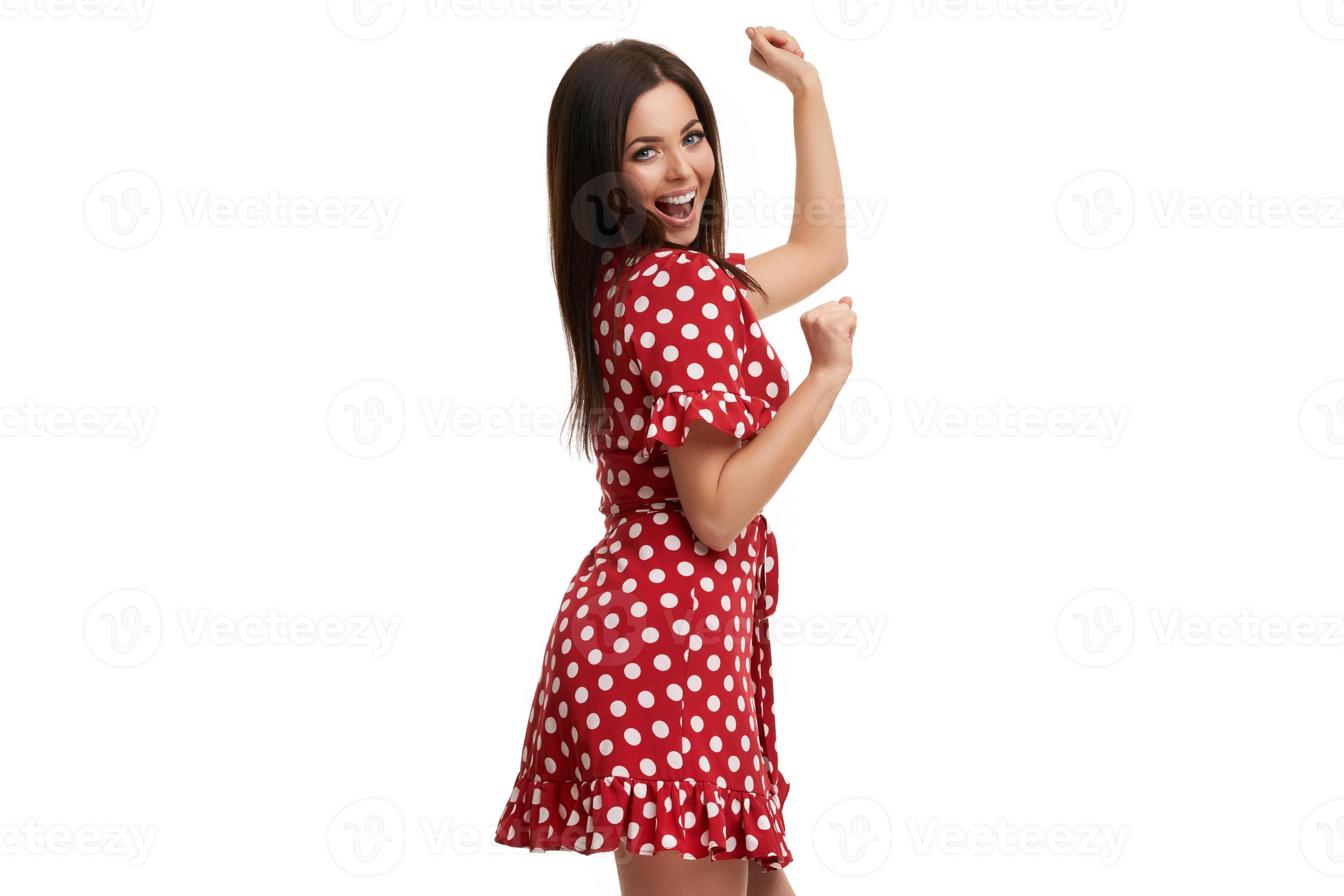 Caucasian Brunette Woman Having Fun And Smiling Isolated Over White