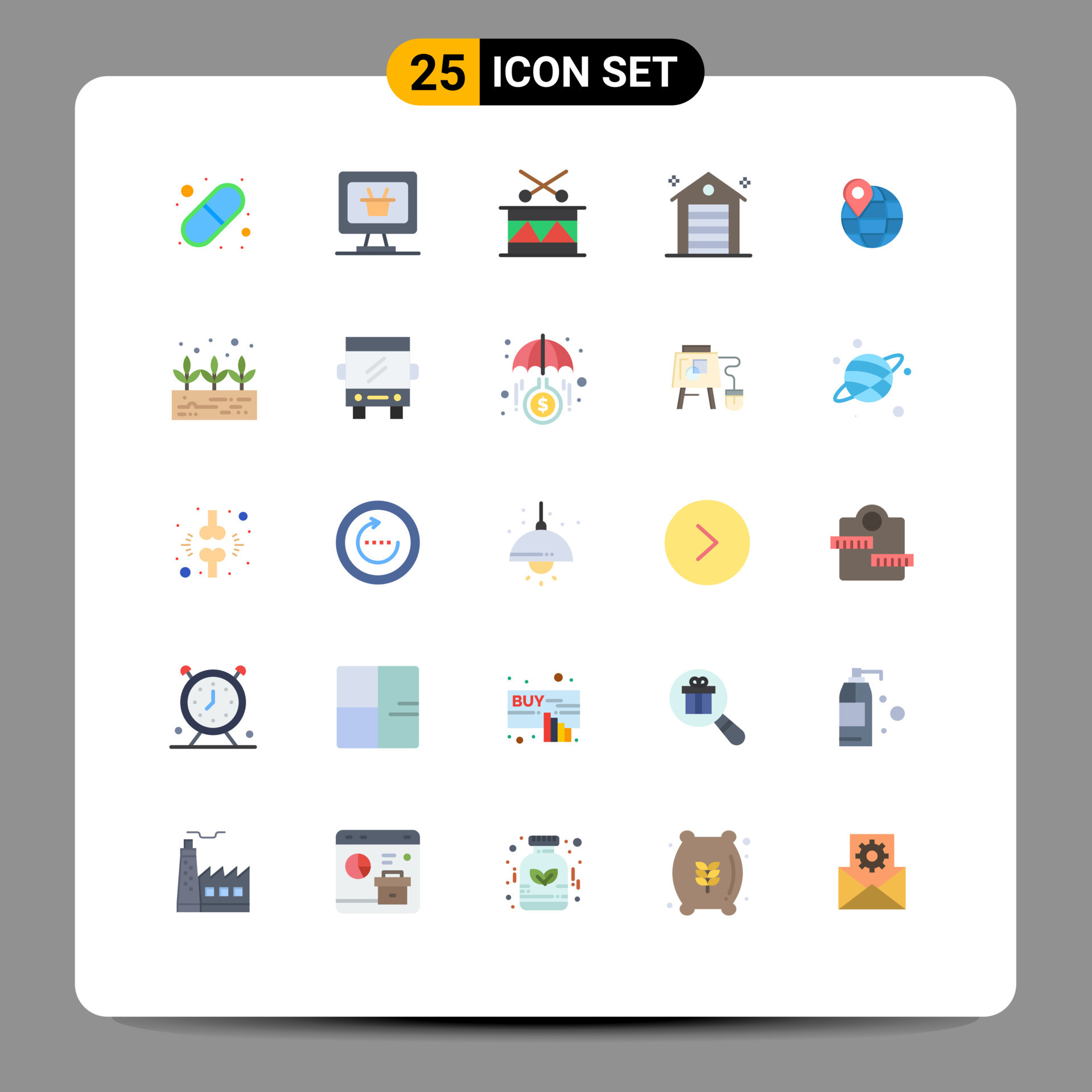 25 Universal Flat Colors Set For Web And Mobile Applications Globe Location Drum Real Estate