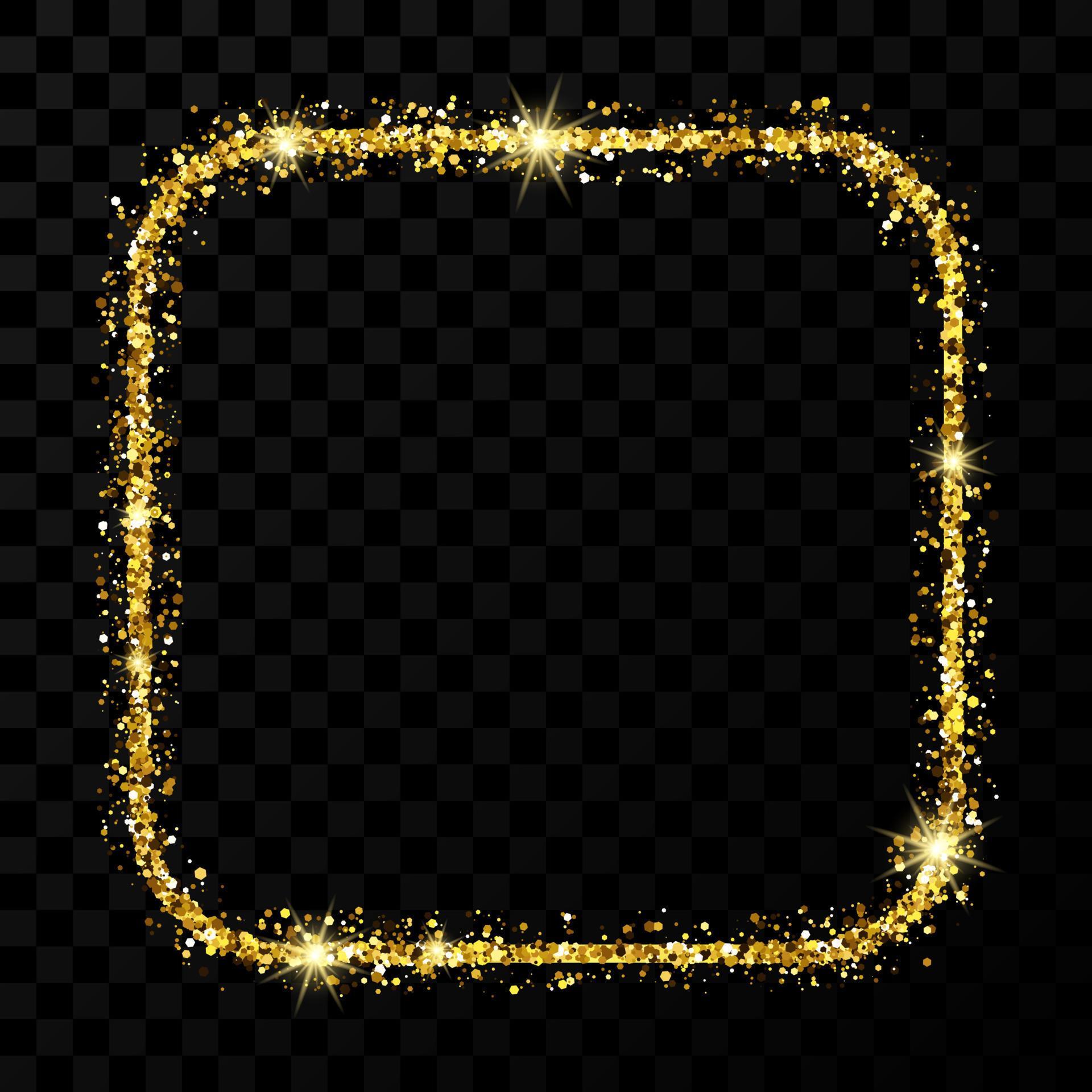 Gold glitter frame. Square with rounded corners frame with shiny sparkles on dark transparent ...