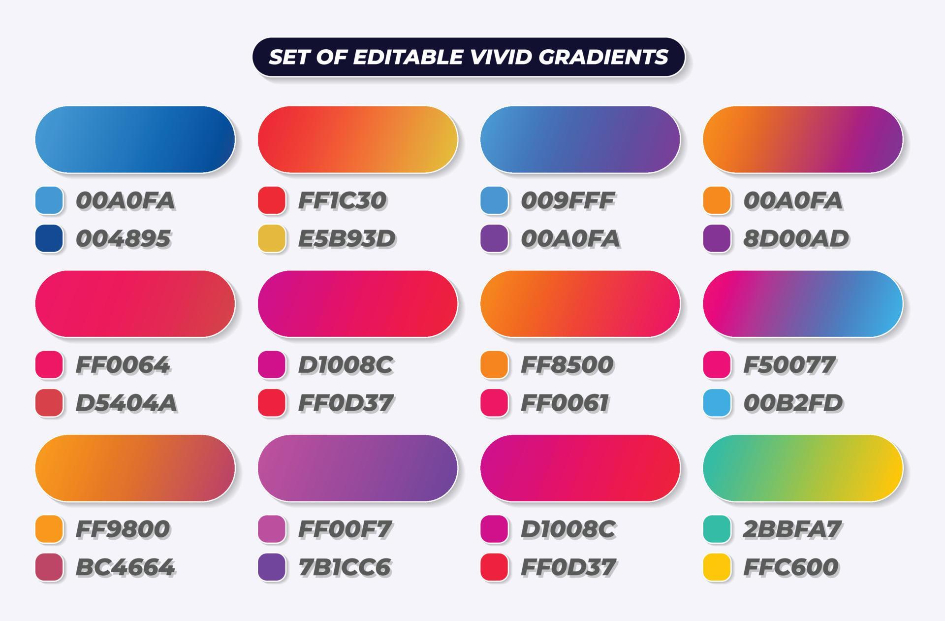 Set of vivid gradients, Vibrant colors and modern gradients with RGB HEX isolated vector ...