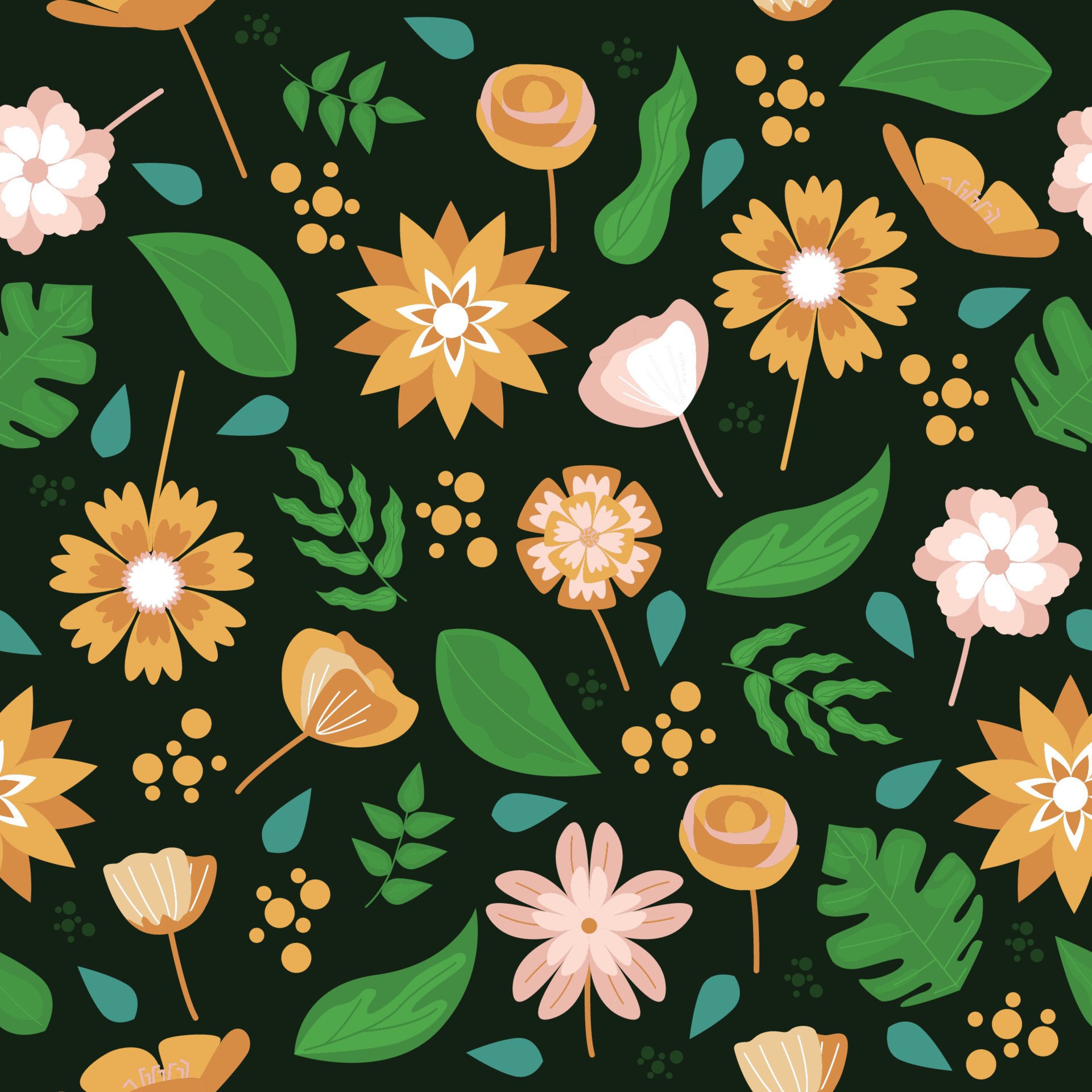 Floral Flower Nature Dark Background Seamless Pattern Wallpaper ...