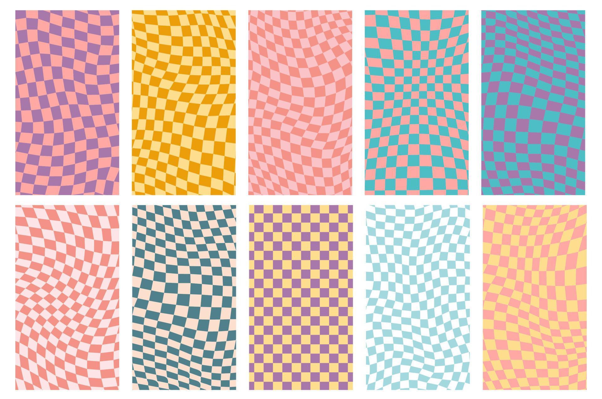 Groovy retro pattern background in psychedelic checkered backdrop style. A chessboard in a ...