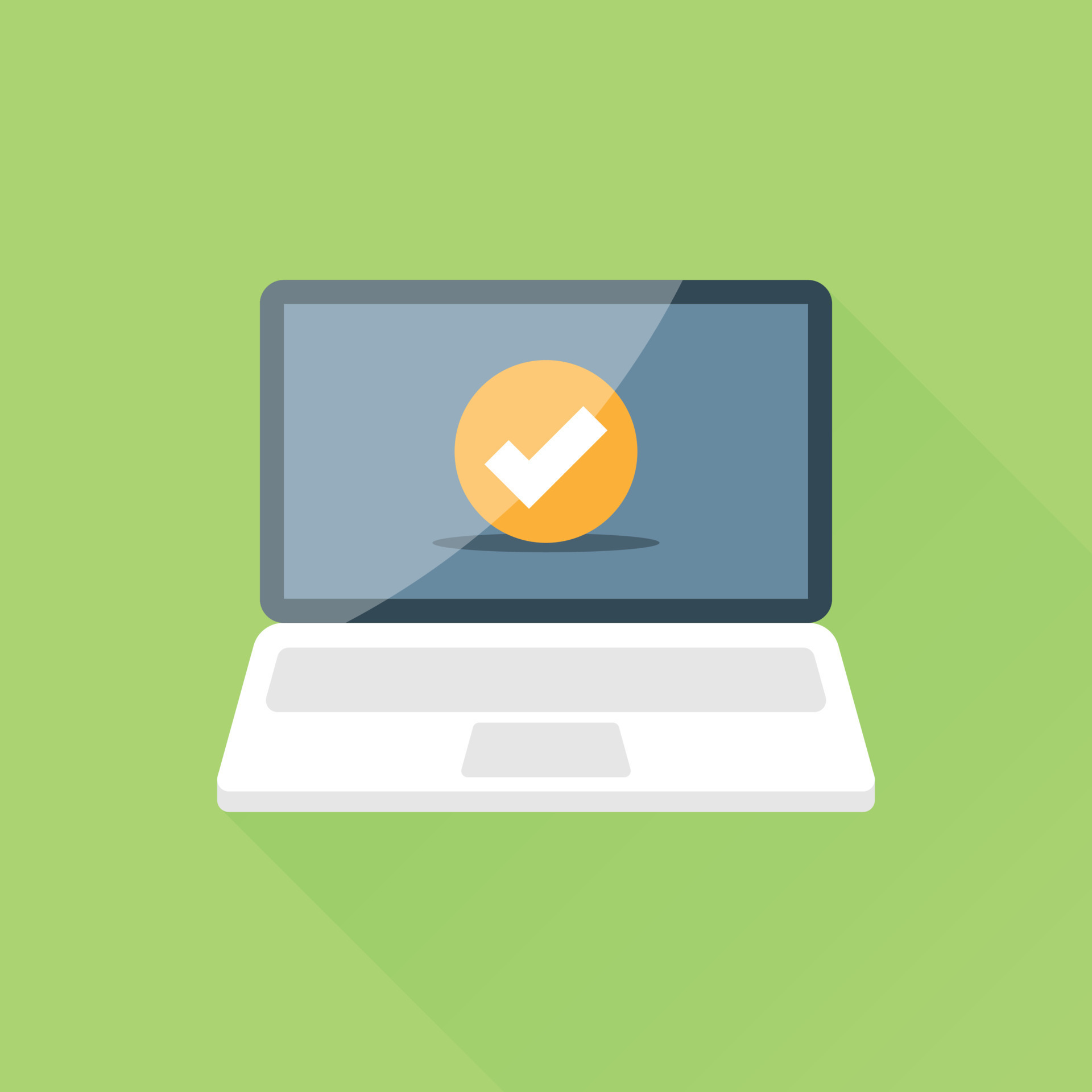 Laptop with checkmark notification icon in flat style. Approved choice ...