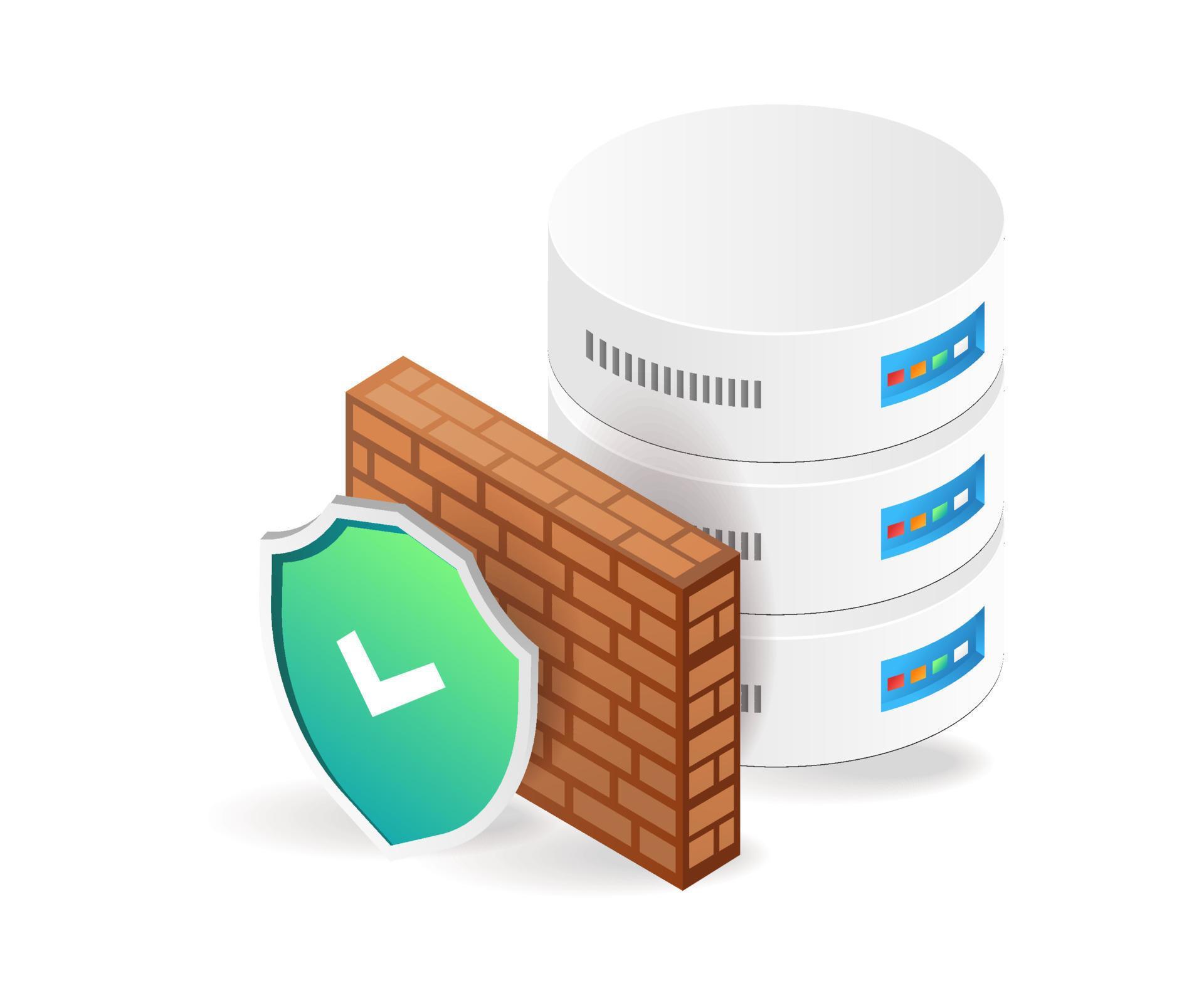 Flat isometric 3d illustration of database server security wall ...