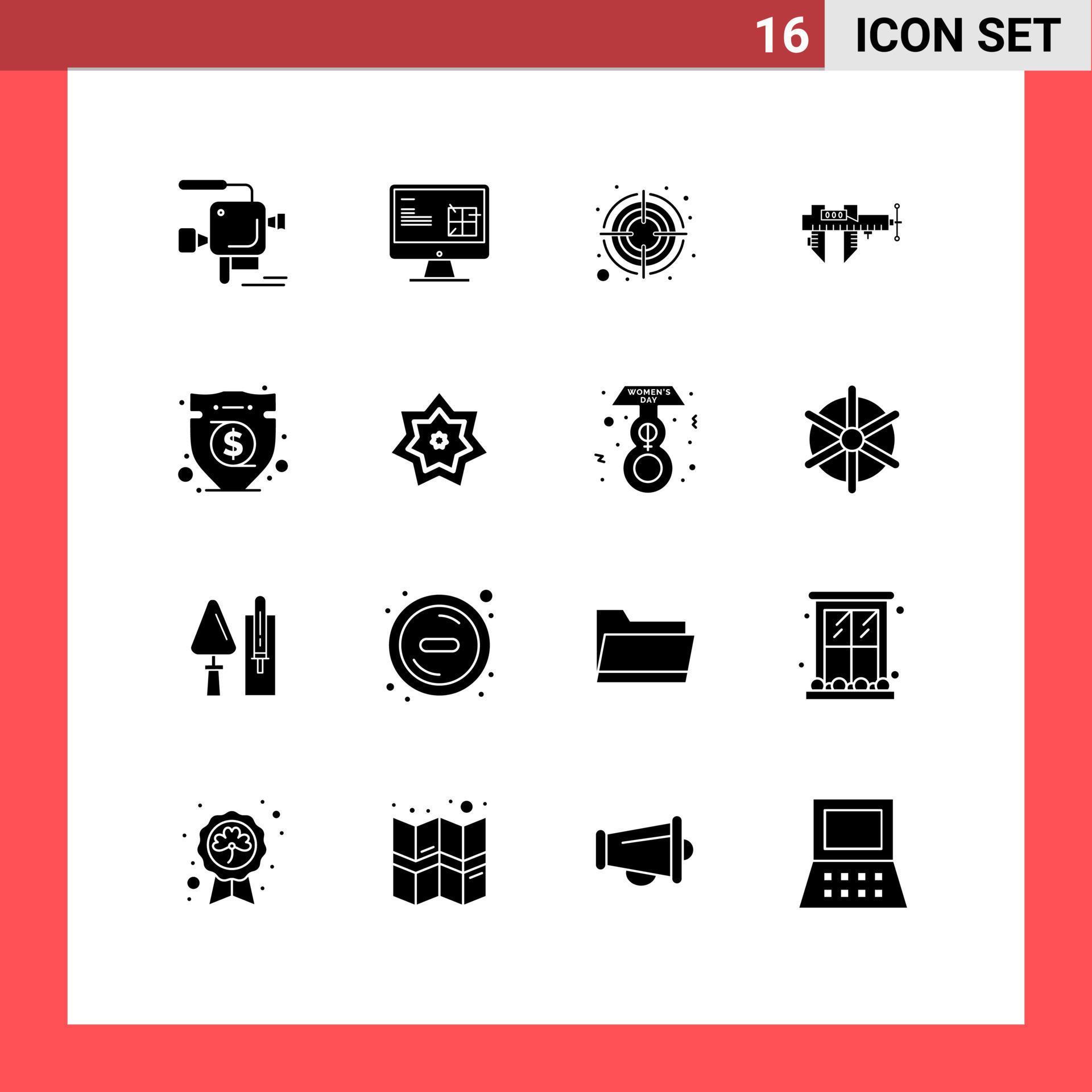 Modern Set of 16 Solid Glyphs Pictograph of scale micrometer design measure target Editable ...