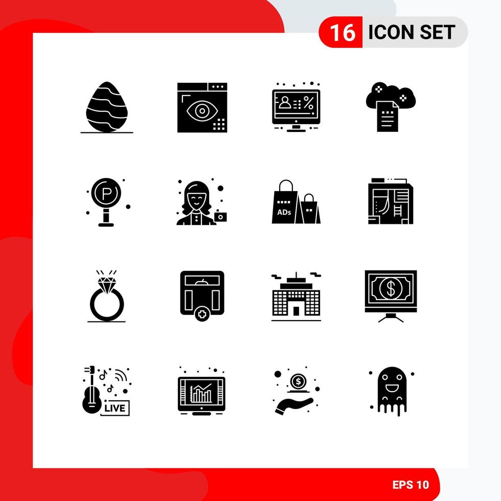 Modern Set of 16 Solid Glyphs and symbols such as online docs digital ...