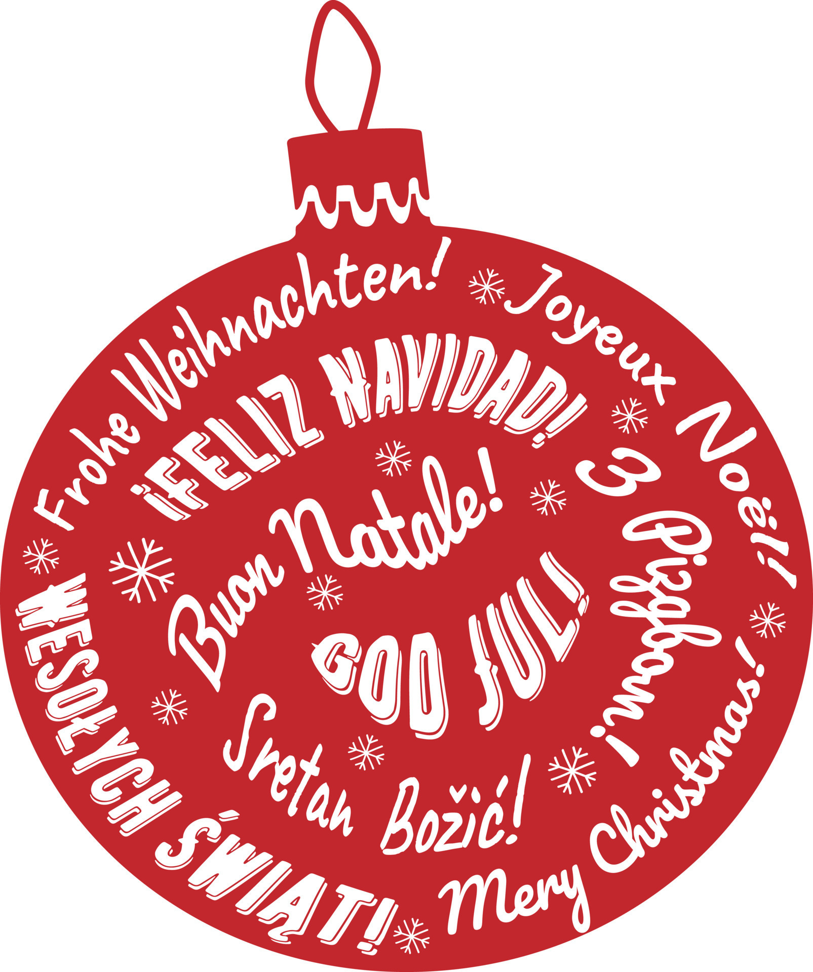 feliz navidad bola roja hecha de letras en inglés, alemán, francés ...