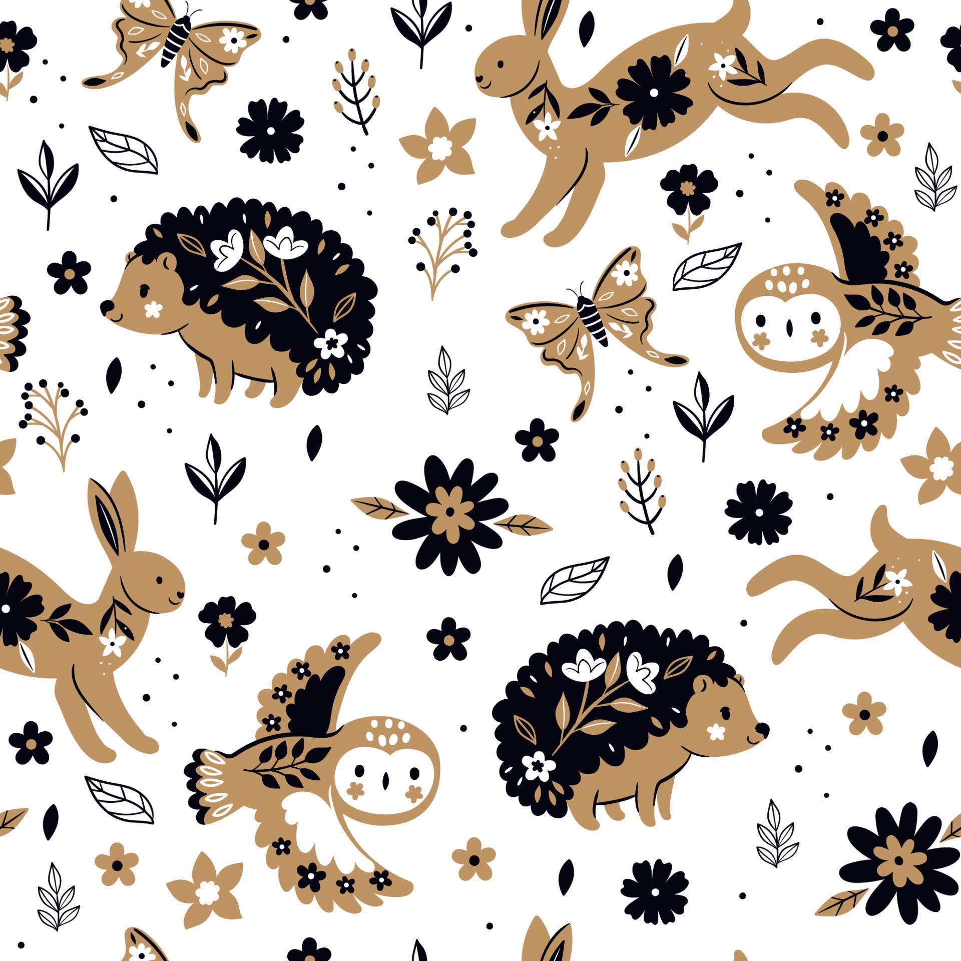 Seamless pattern with forest animals and flowers on a white background ...