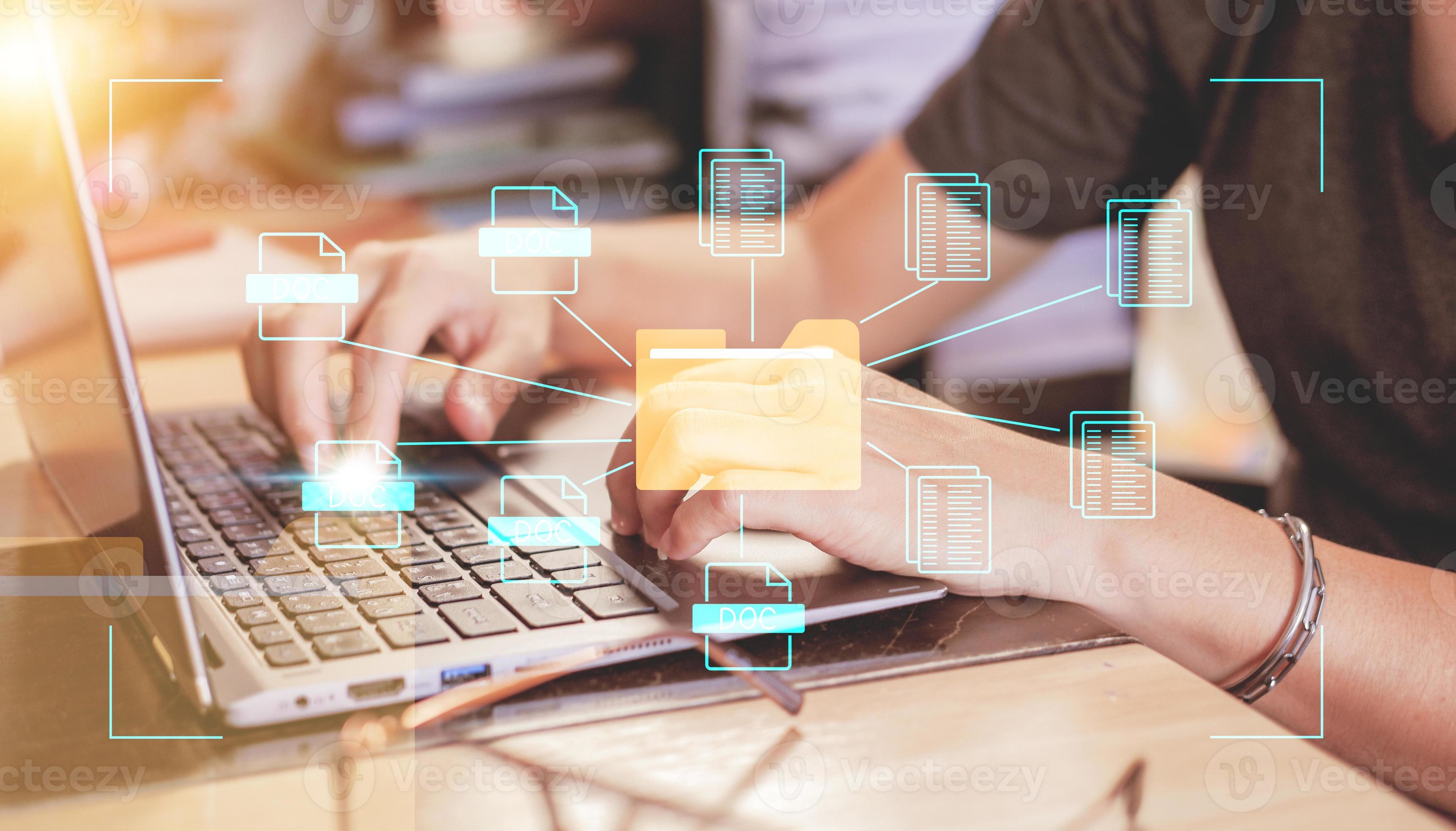 Document management system concept, folder and document icon software, searching and managing ...