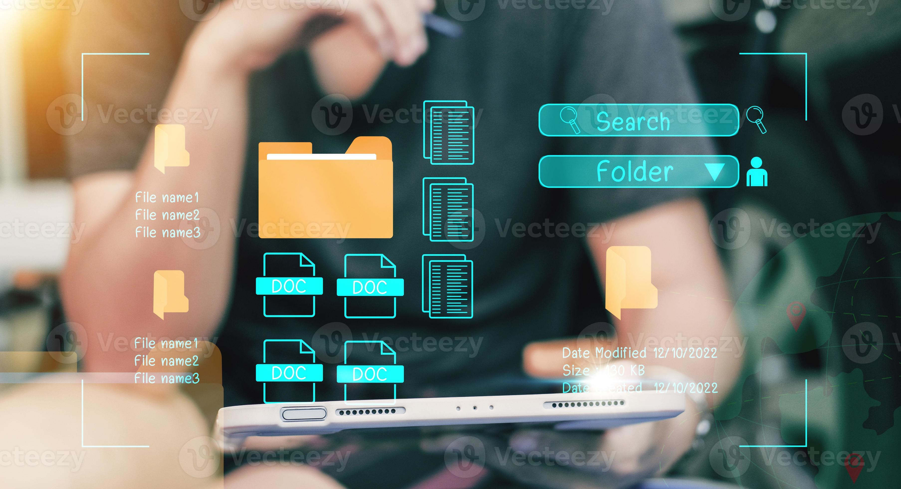 Document management system concept, folder and document icon software, searching and managing ...