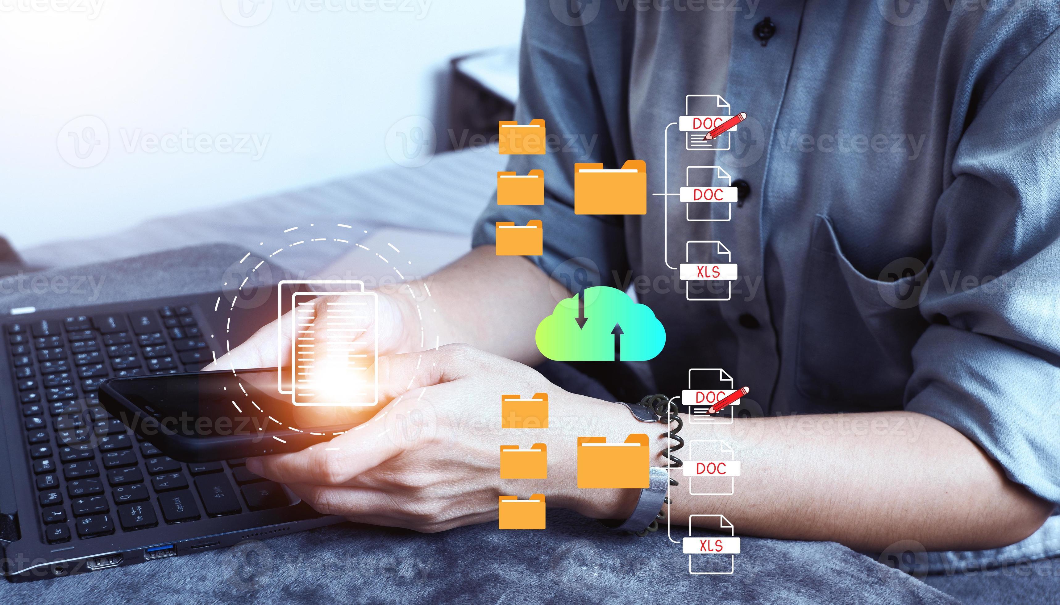 Document management system concept, folder and document icon software, searching and managing ...