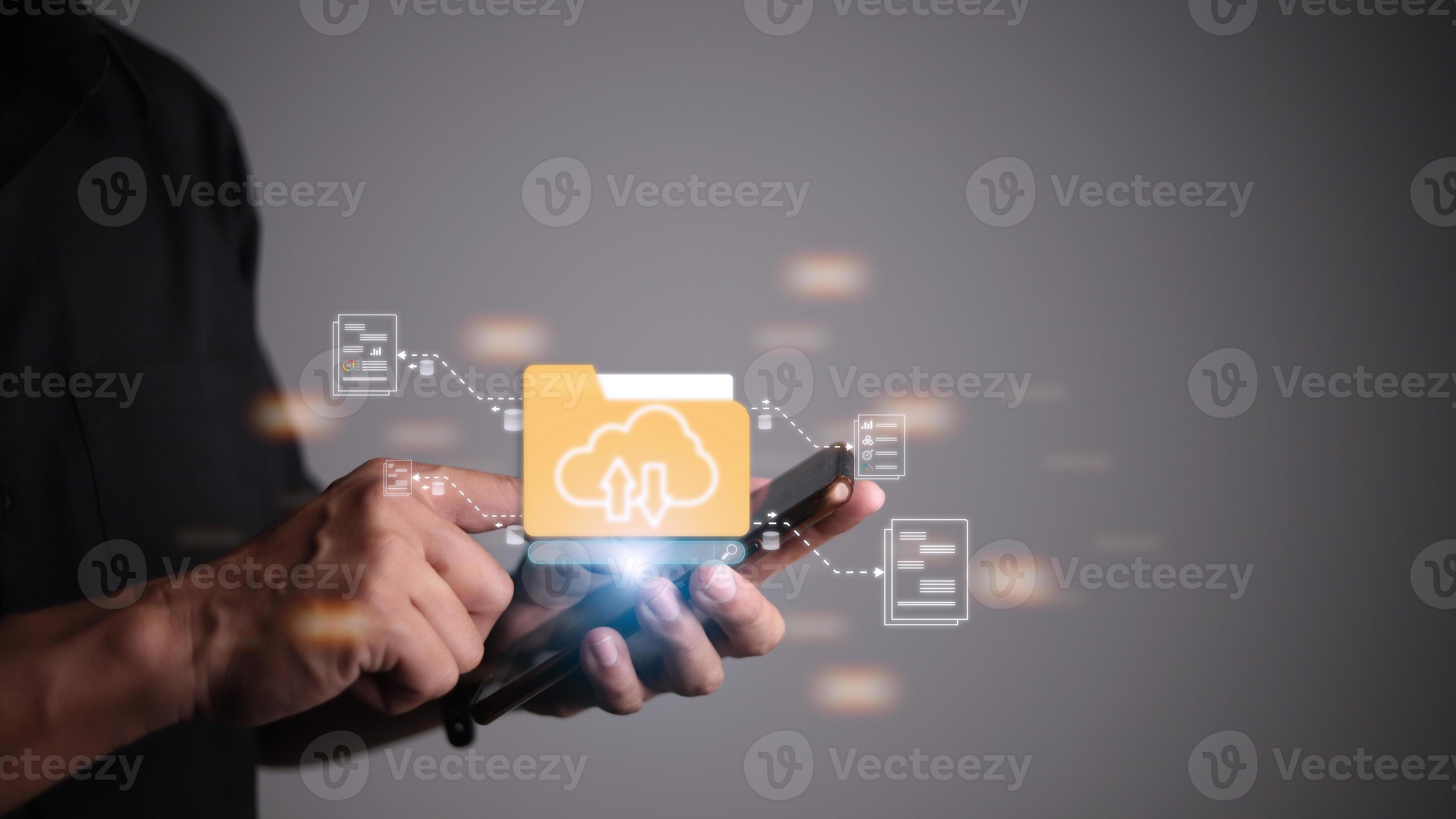 Uploading documents from folder. Open File folder with flying blank documents. Data transfer ...