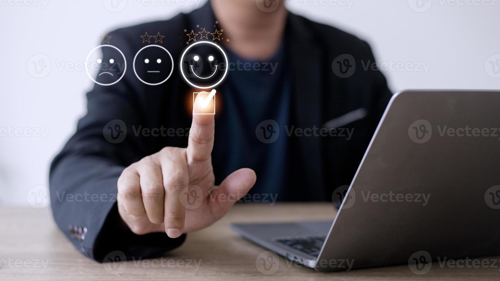 Customer service evaluation concept. using a smartphone is pressing ...