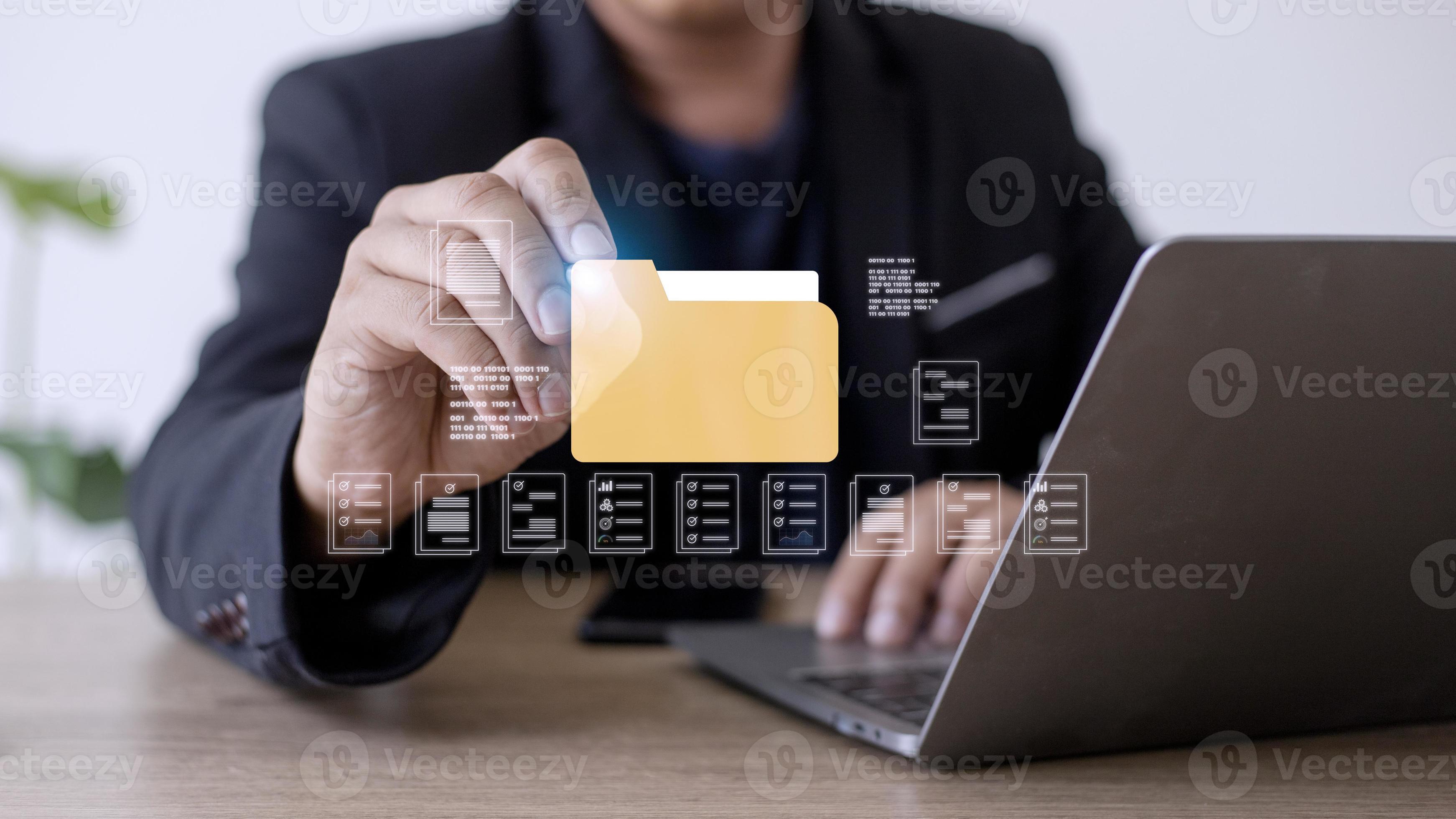 Businessman finger touch digital device, hud hologram with office document icons and binary ...