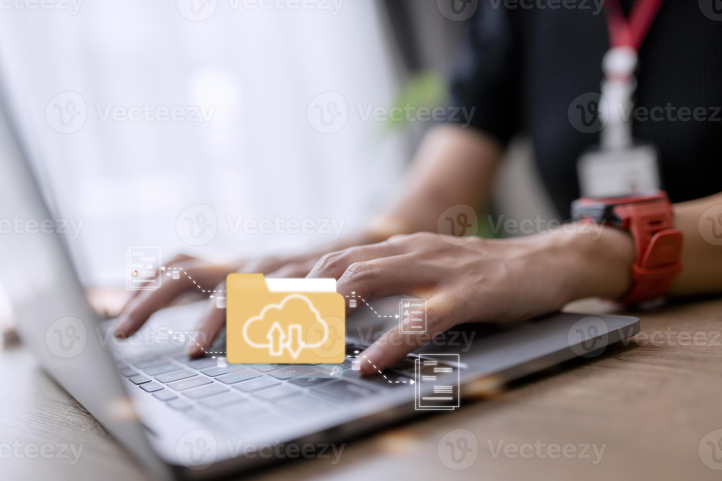 Uploading documents from folder. Open File folder with flying blank documents. Data transfer ...