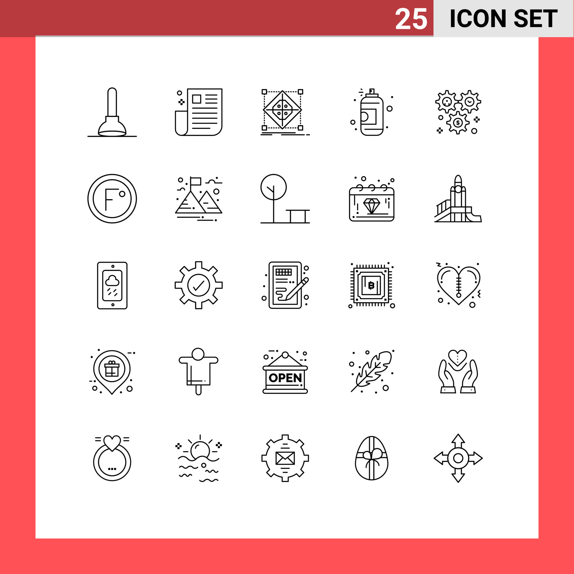 Mobile Interface Line Set of 25 Pictograms of cog arts architecture art preparation Editable ...