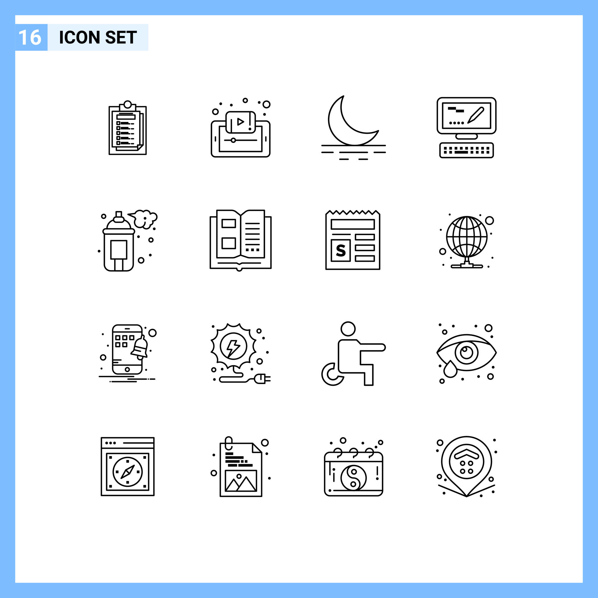 Set Of 16 Vector Outlines On Grid For Art Markiting Smartphone Keyboard Weather Editable Vector