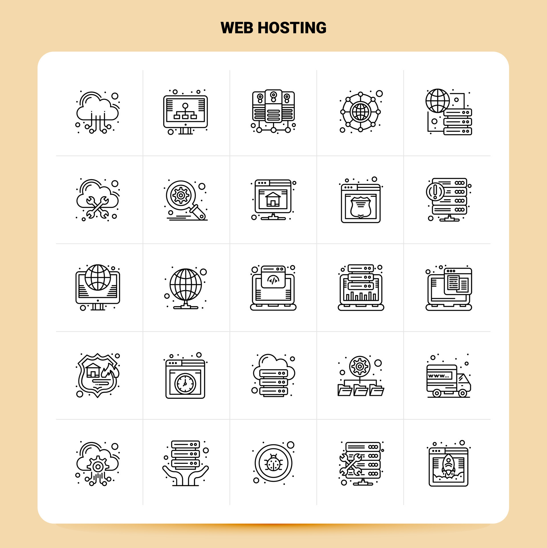 Outline 25 Web Hosting Icon Set Vector Line Style Design Black Icons Set Linear Pictogram Pack