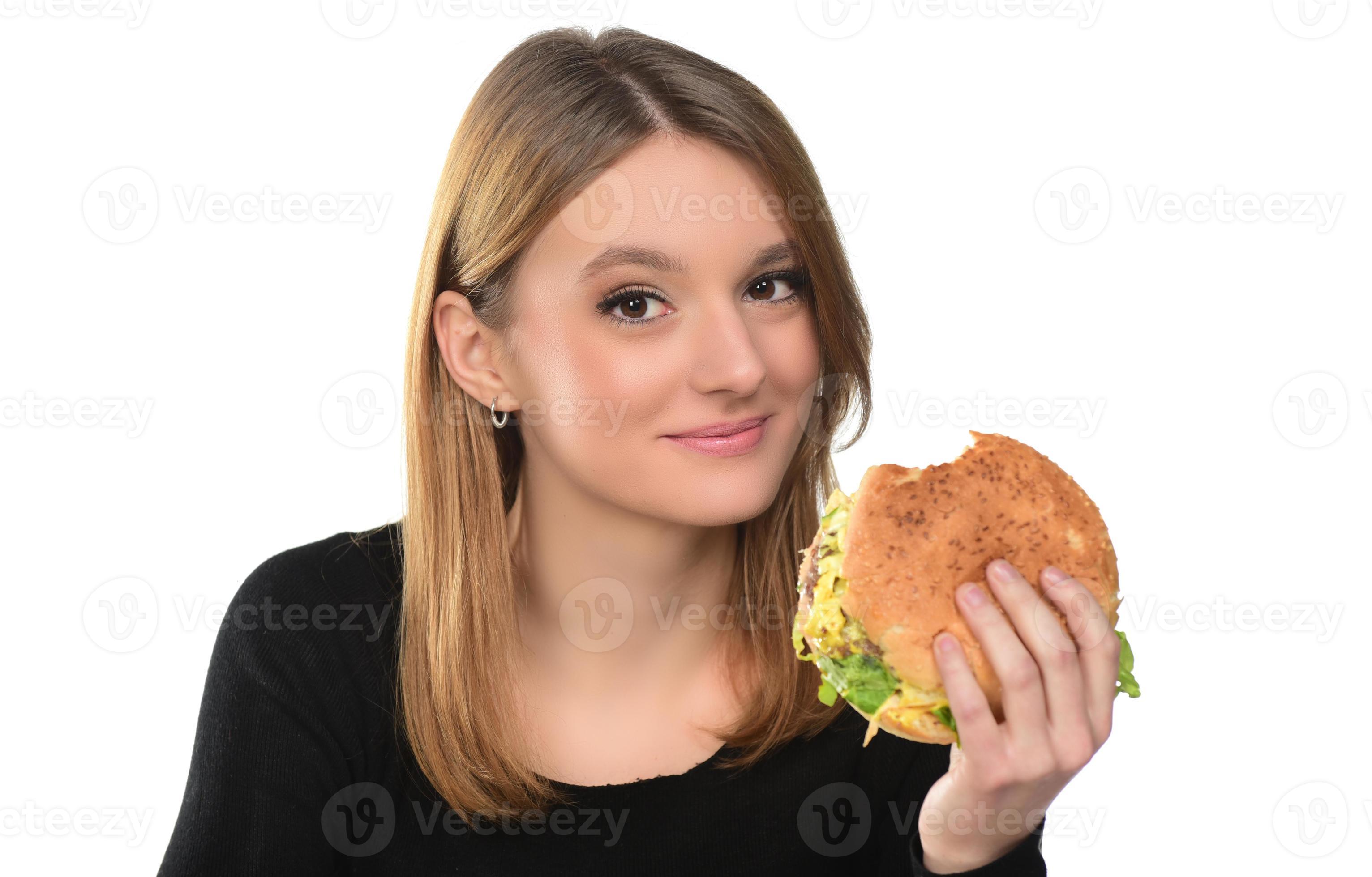 Portrait Of A Beautiful Funny Young Girl Eating Hamburger 15977825
