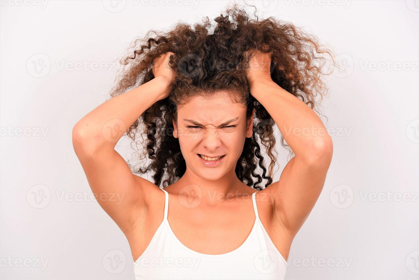 woman with messy curly hair on white background 15977870 Stock Photo at ...