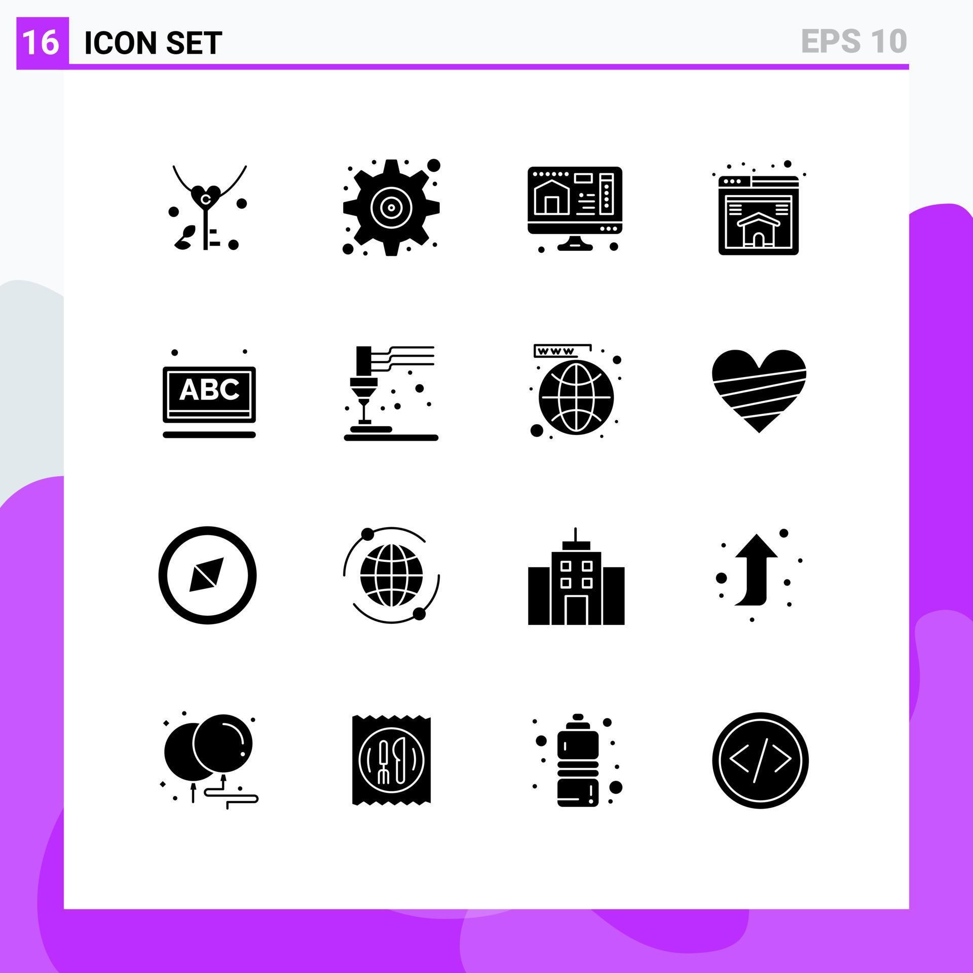 Pictogram Set of 16 Simple Solid Glyphs of school learning computer abc ...