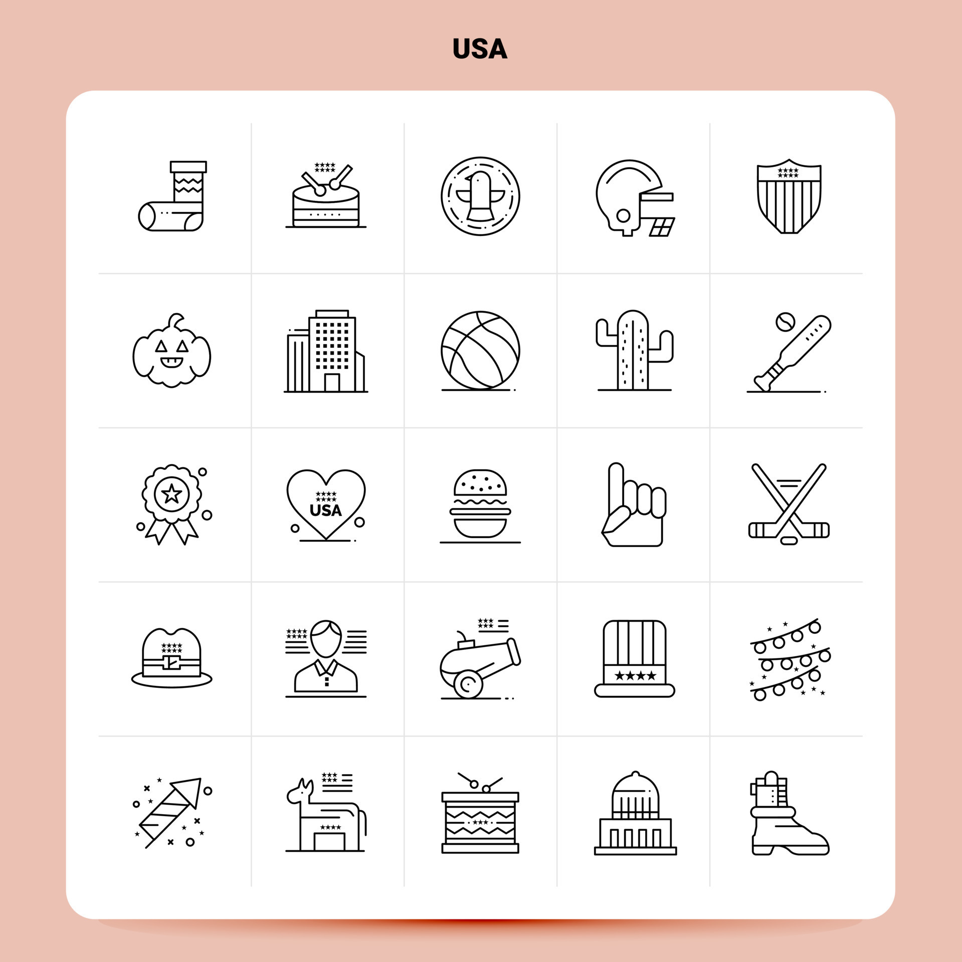 Outline 25 Usa Icon Set Vector Line Style Design Black Icons Set Linear