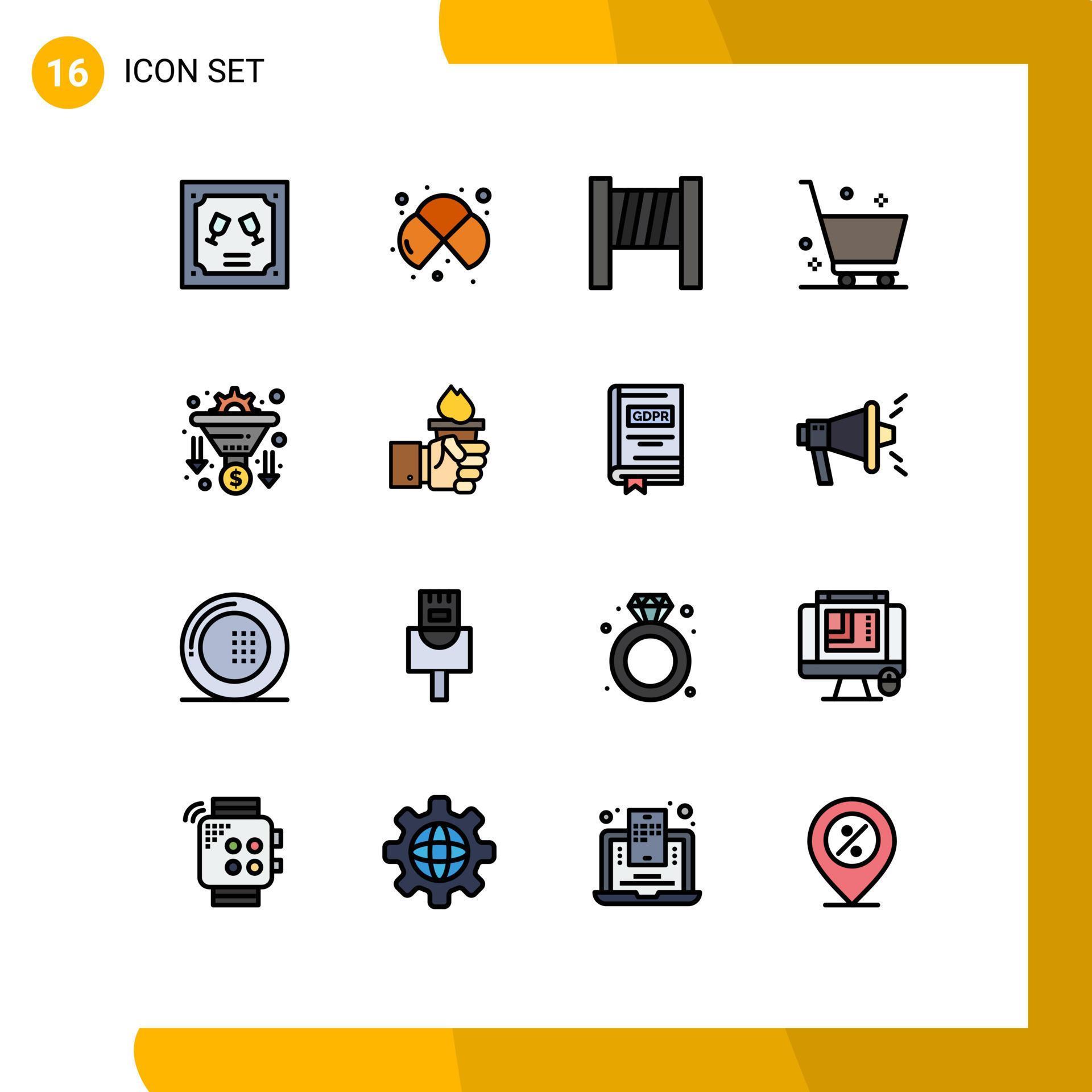 Set Of 16 Vector Flat Color Filled Lines On Grid For Funnel Conversion Lab Shopping Delete