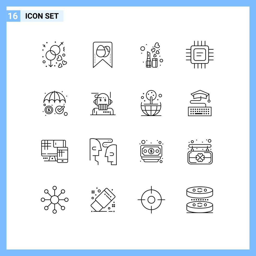 Modern Set Of 16 Outlines Pictograph Of Security Insurance Cosmetic Processor Cpu Editable