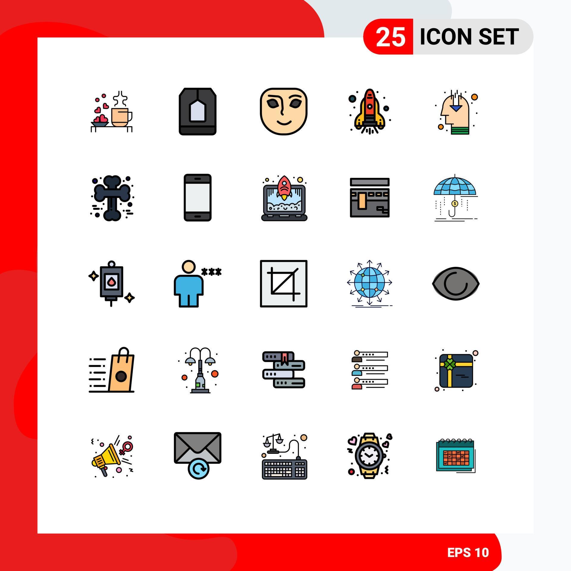 Set Of 25 Vector Filled Line Flat Colors On Grid For Space Flame Drink Smile Face Editable