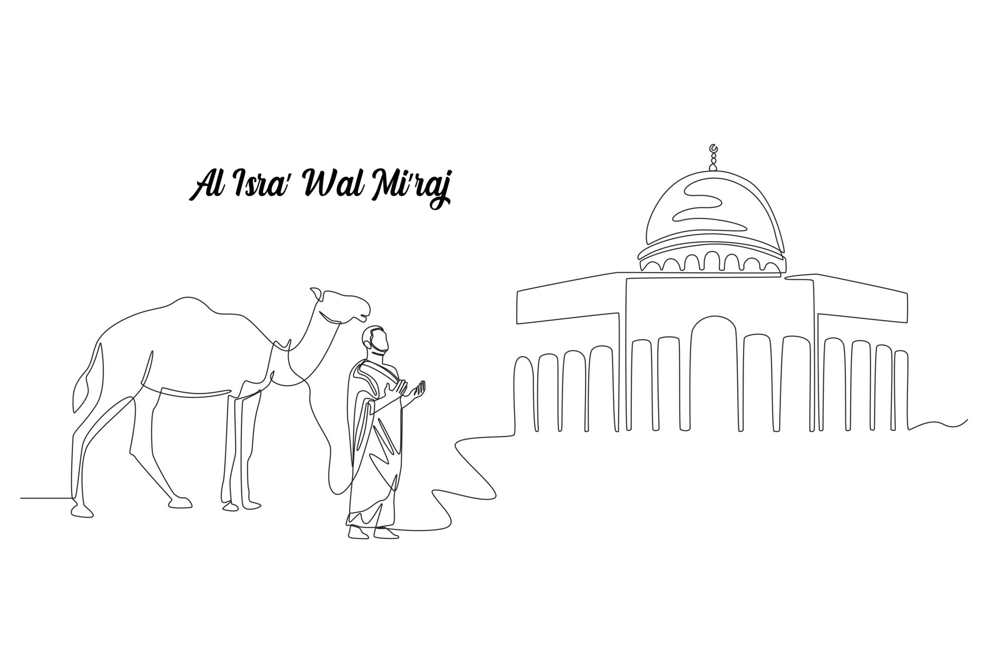 Continuous one line drawing Muslim with camel praying in front of al ... Continuous one line drawing Muslim with camel praying in front of al ...