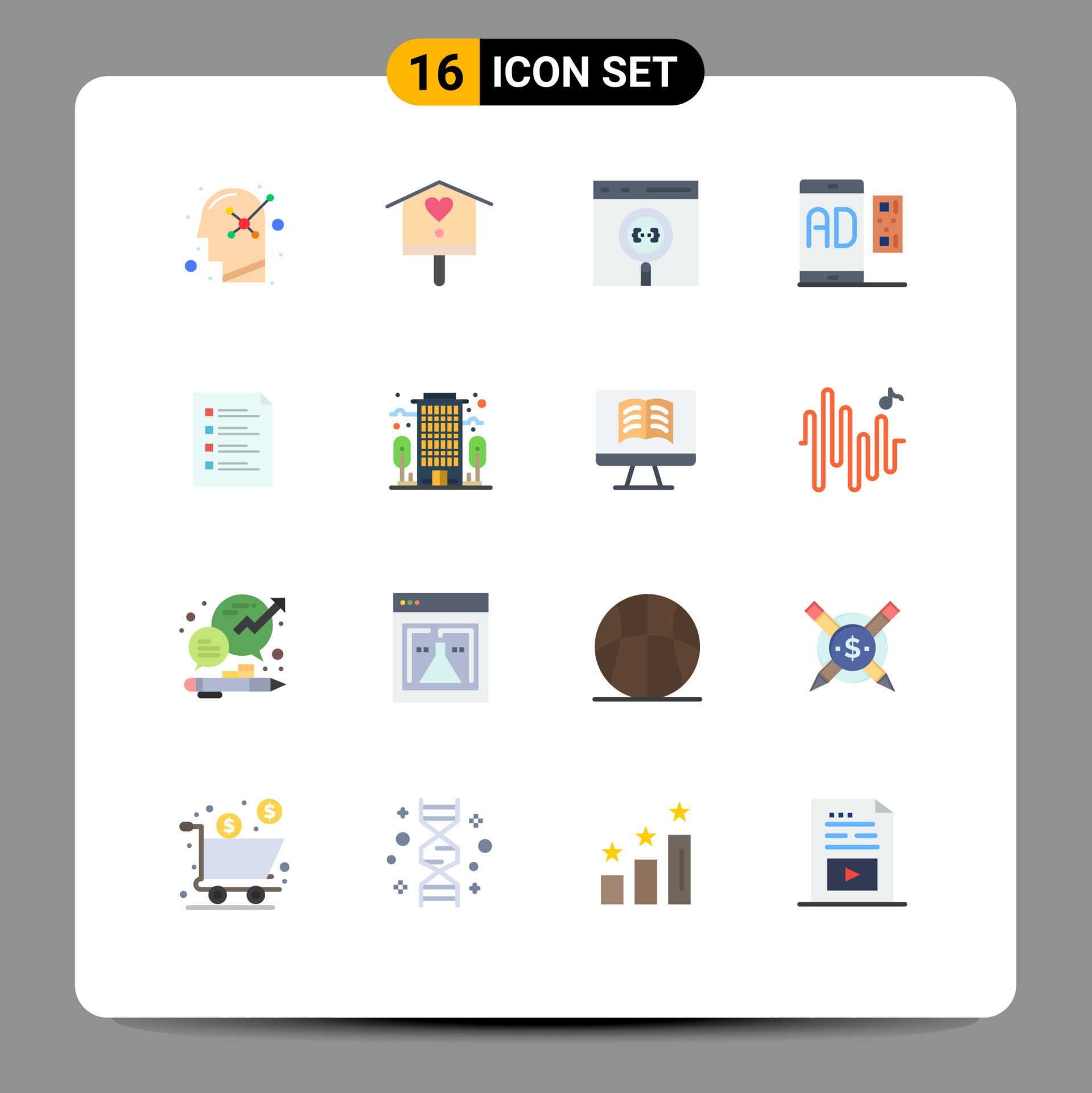 Set of 16 Modern UI Icons Symbols Signs for mobile marketing app advertising development ...