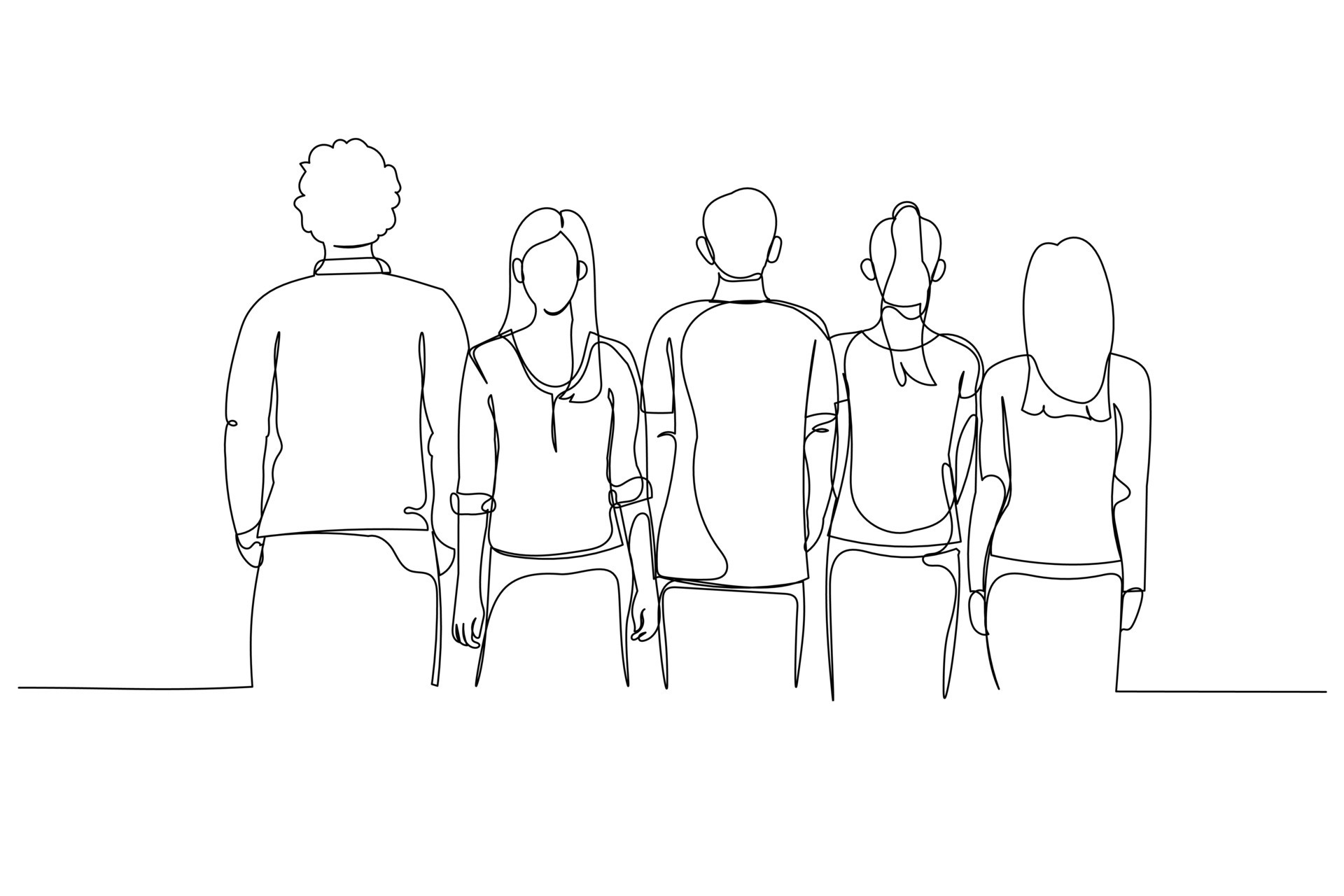 Drawing of group of young people standing look from the back ... Drawing of group of young people standing look from the back ...