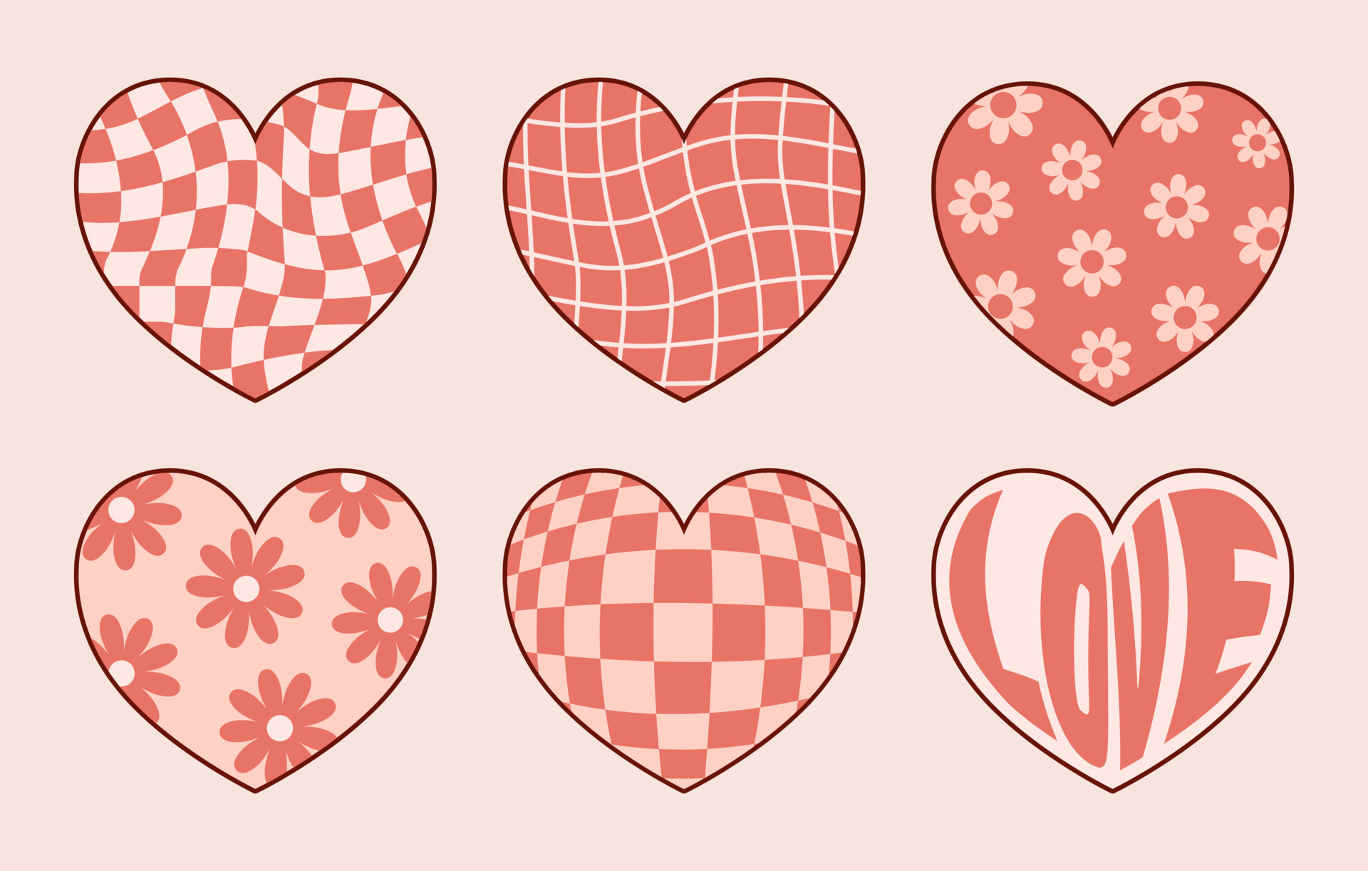 Set of retro hippie romantic heart stickers. Groovy design elements for ... Set of retro hippie romantic heart stickers. Groovy design elements for ...