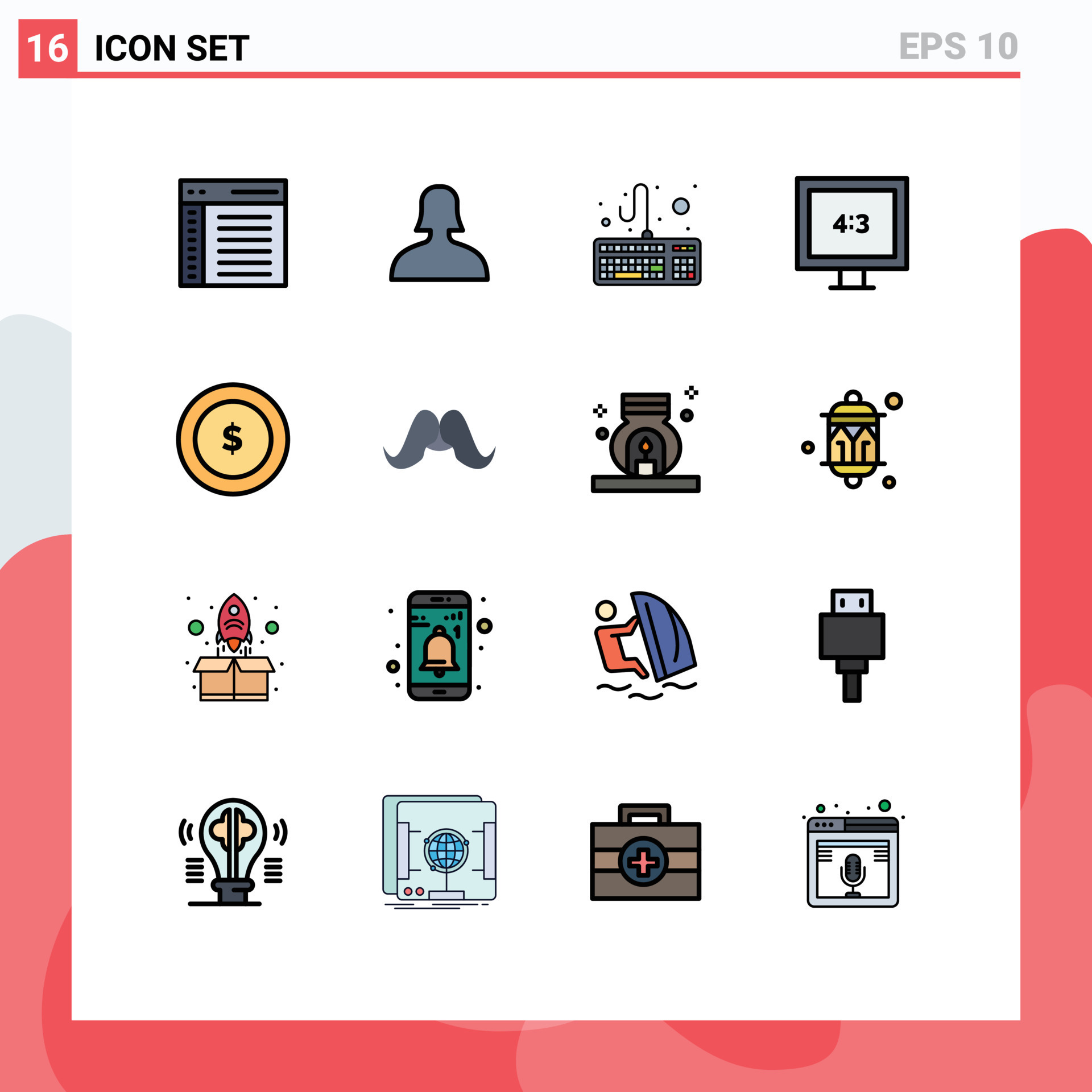 16 Universal Flat Color Filled Lines Set For Web And Mobile Applications Moustache Dollar