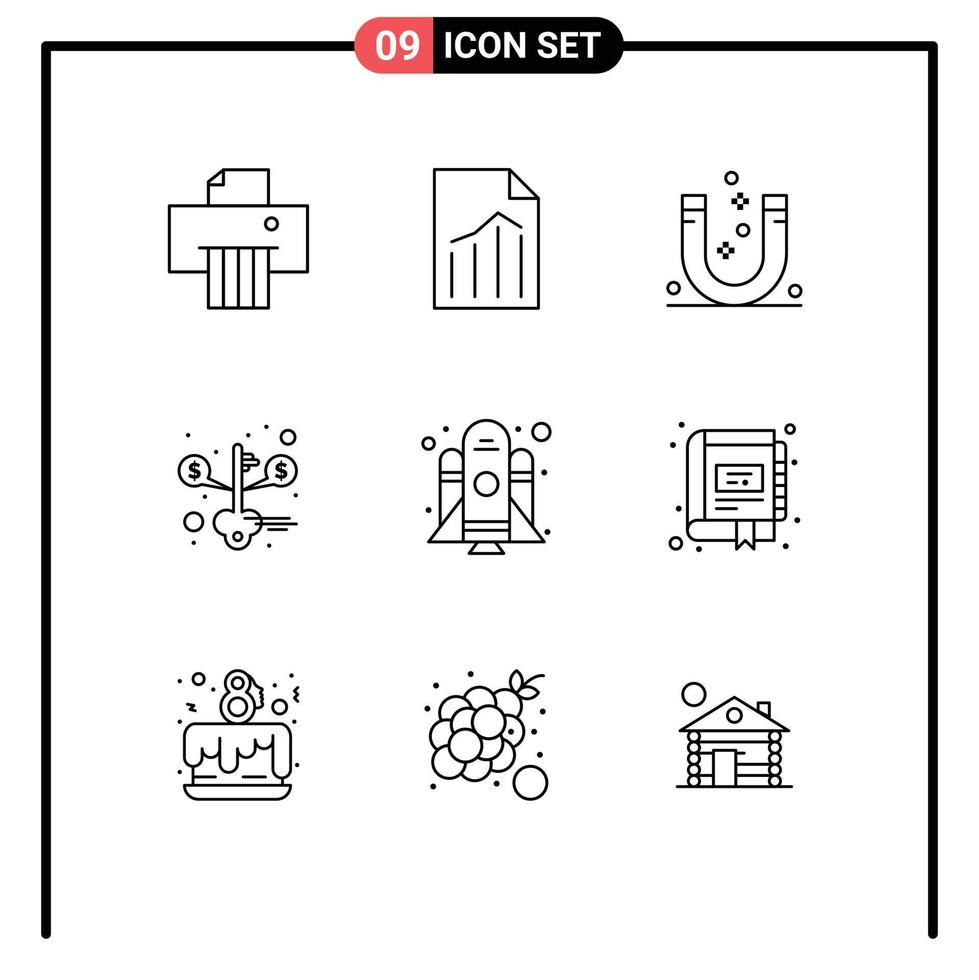 Group Of 9 Modern Outlines Set For Rocket Saving Attract Money Negative Editable Vector Design