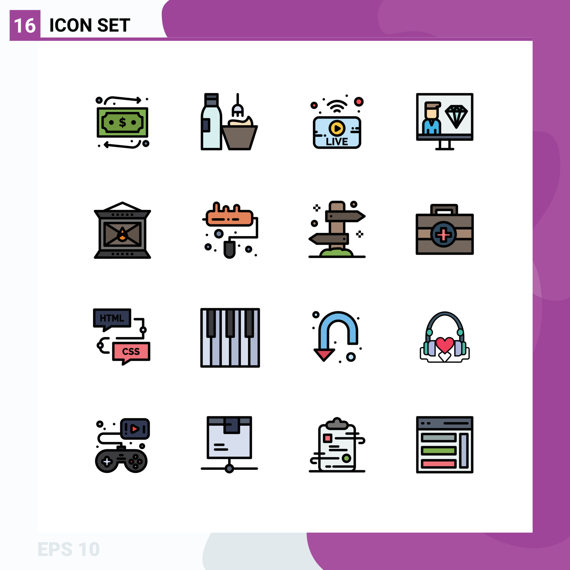 Set Of 16 Modern Ui Icons Symbols Signs For Fire Programmer Utube Development Coding Editable