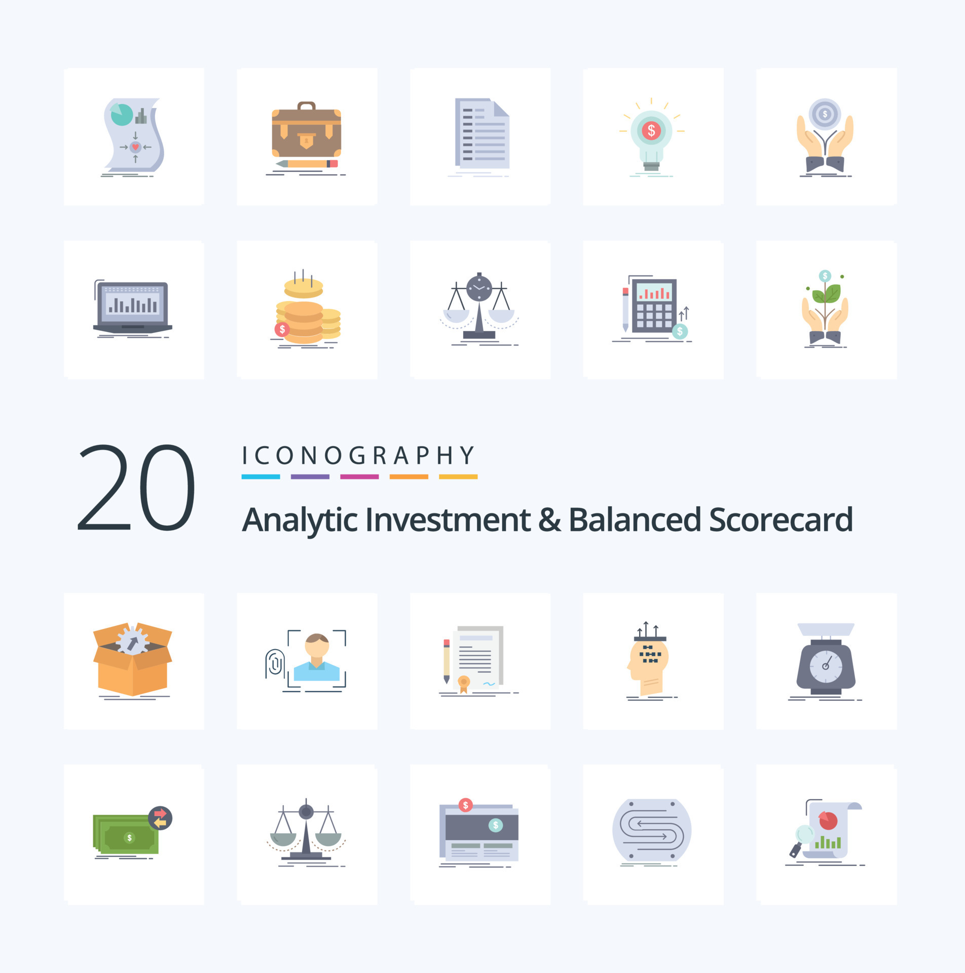 20 Analytic Investment And Balanced Scorecard Flat Color Icon Pack Like