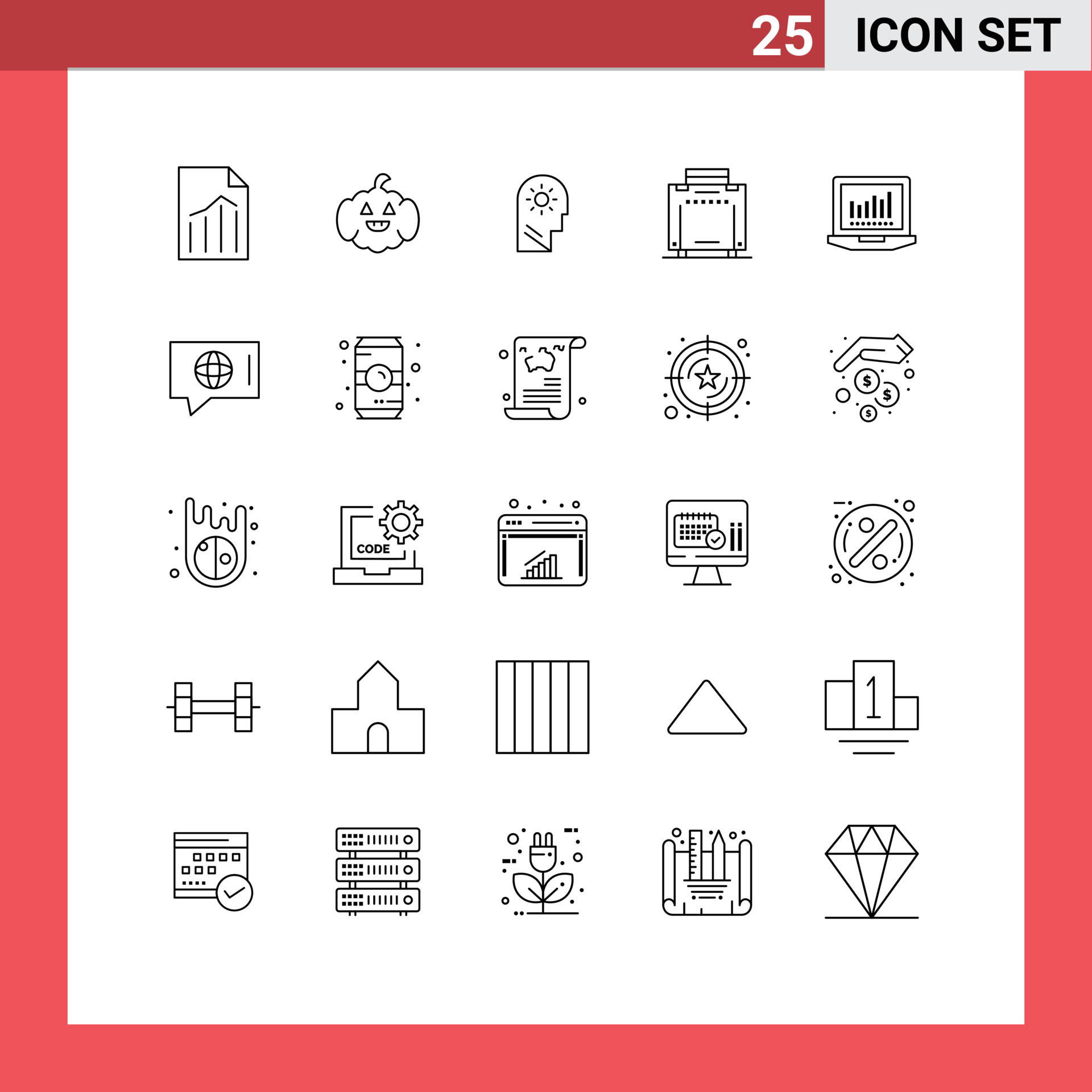 User Interface Pack Of 25 Basic Lines Of Tecnology Laptop Brain Travel