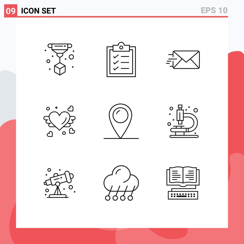 User Interface Pack Of 9 Basic Outlines Of Lab Map Message Location Wedding Editable Vector