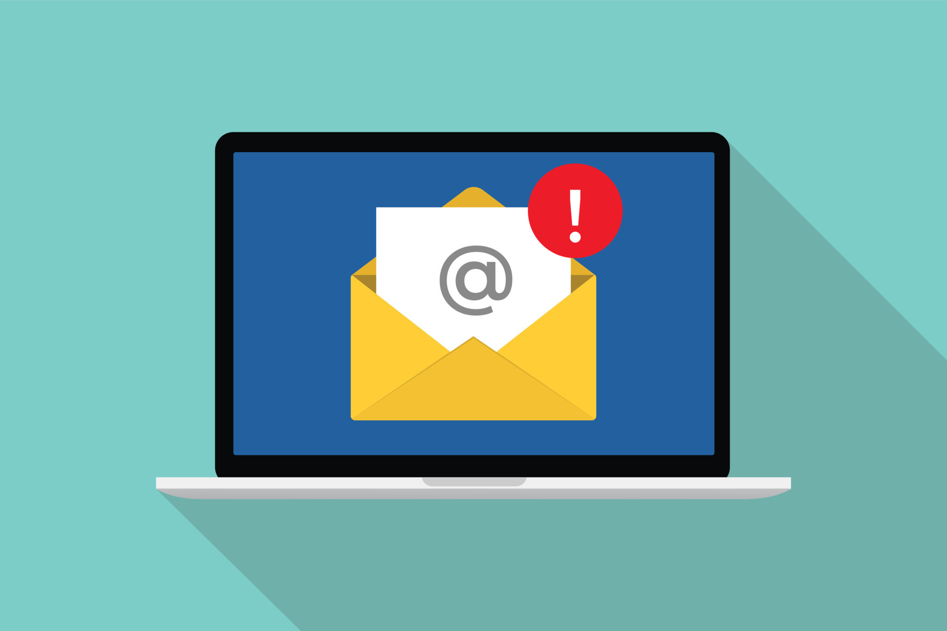 email spamming attack concept with envelope mail and danger icon on front of laptop computer ...