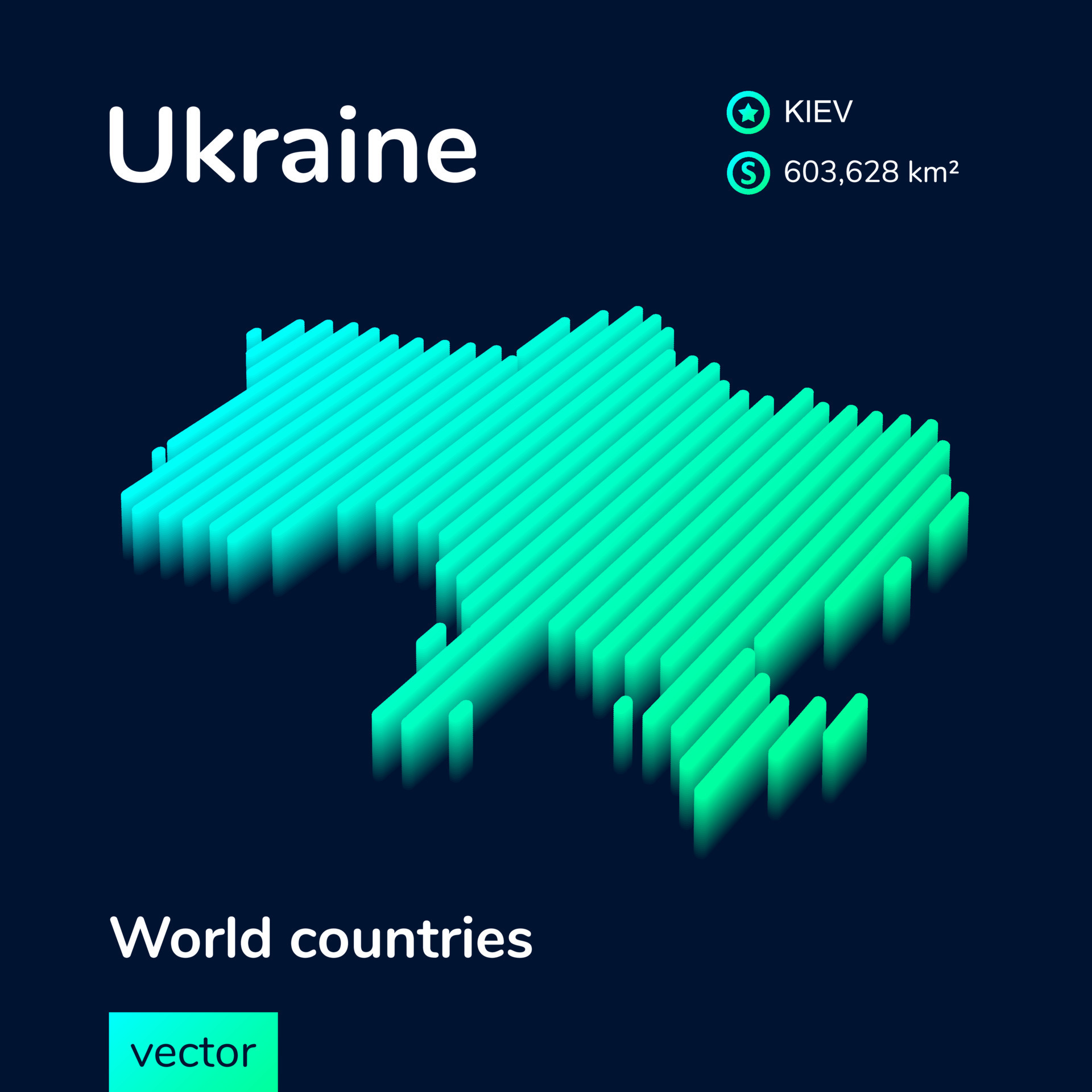 Stylized Striped Vector Neon Isometric Ukraine 3d Map In Green Mint