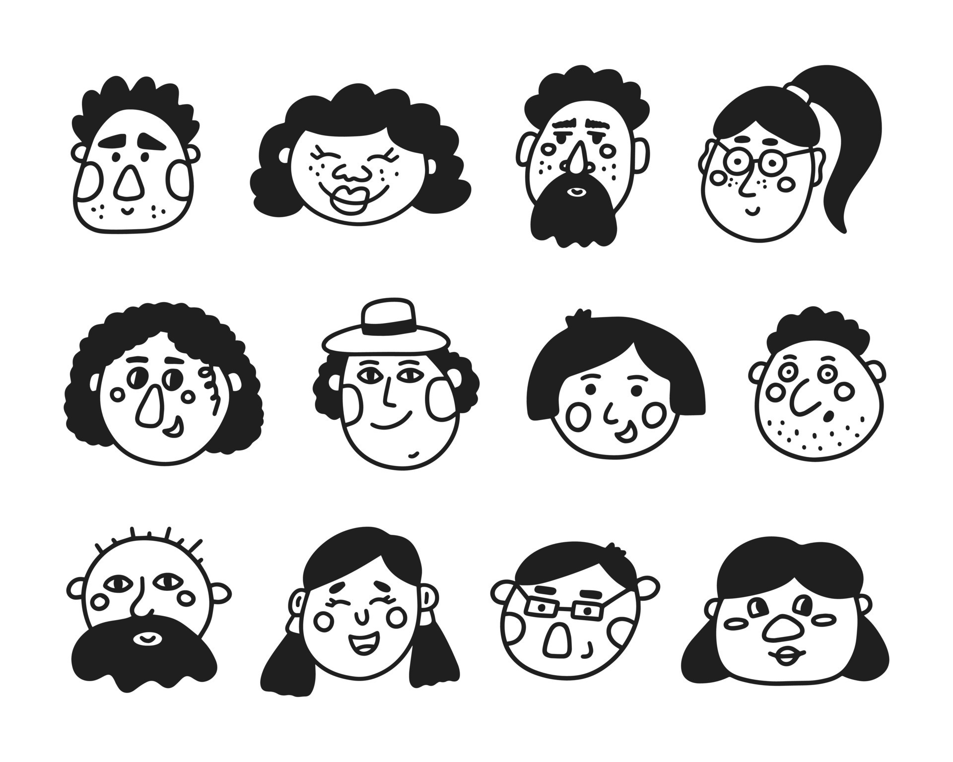 Vector set of characters faces in doodle style, illustration on white ...