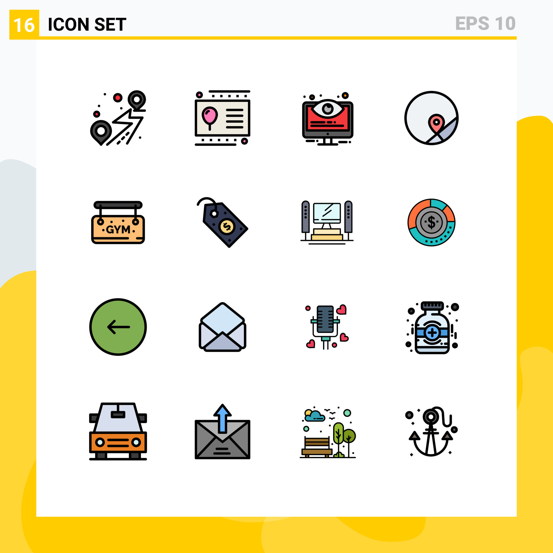 Group Of 16 Flat Color Filled Lines Signs And Symbols For Gym Location Configuration Map System