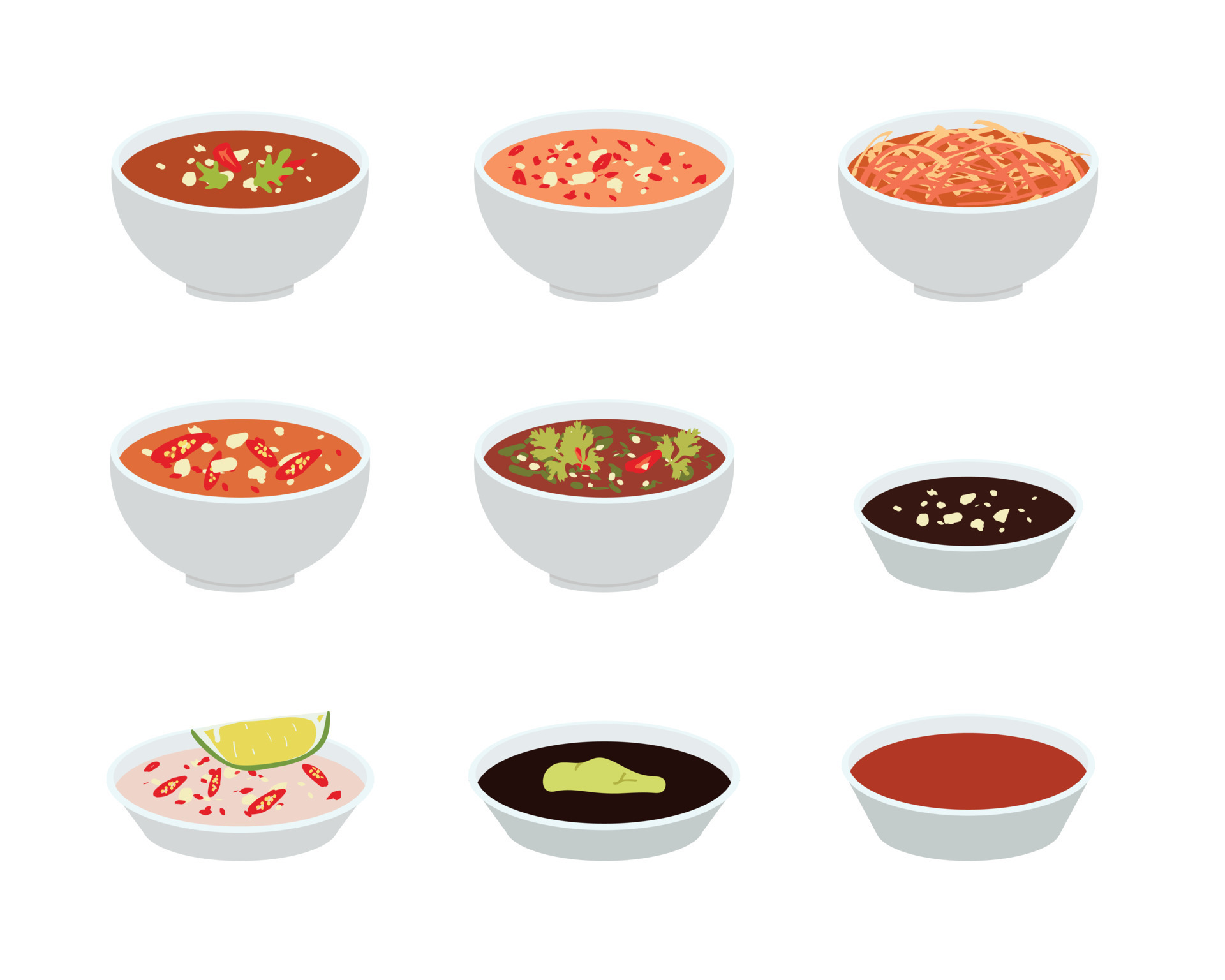 Set Of Dipping Sauce With Chili Garlic Salt Soy Mustard Flat Vector