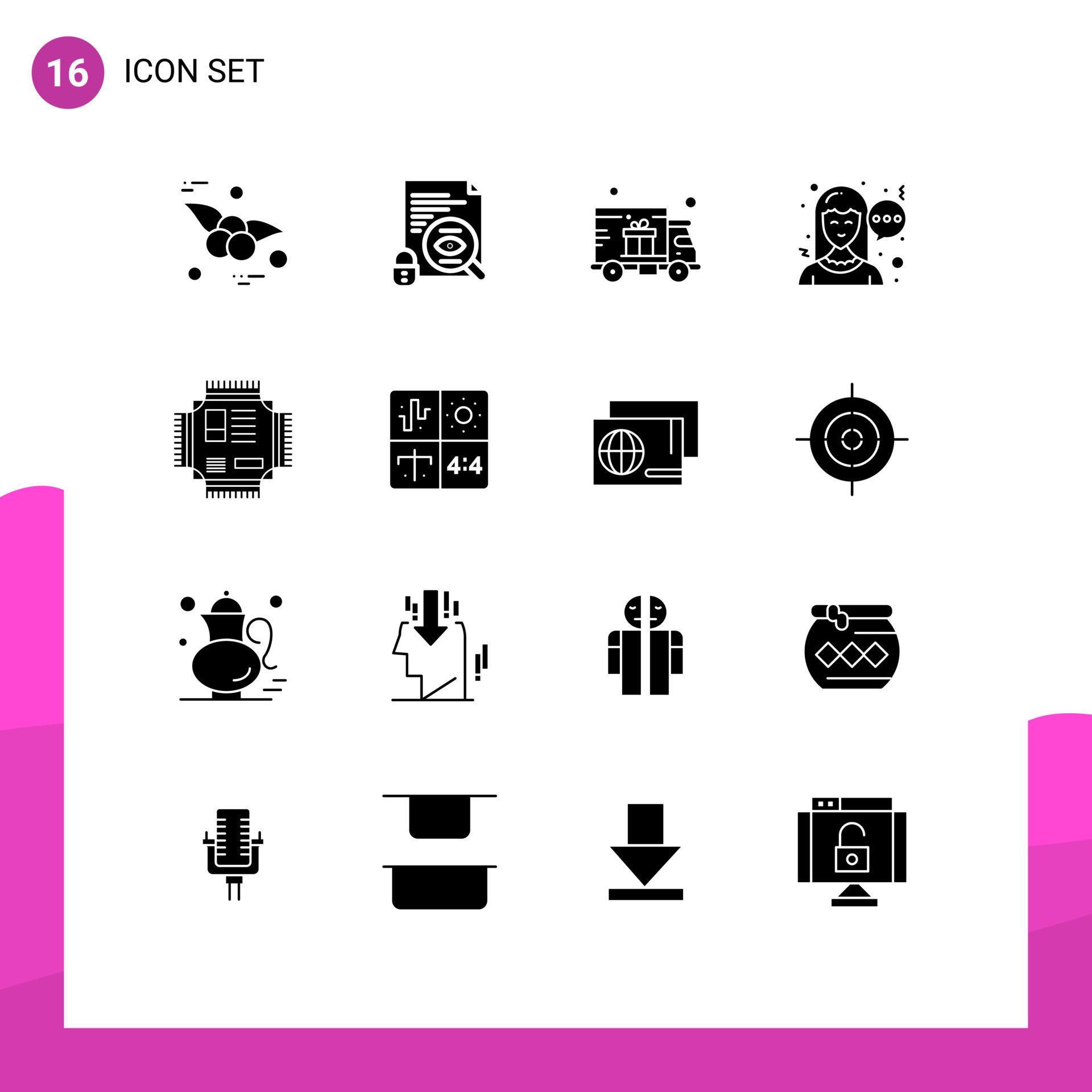 Group of 16 Solid Glyphs Signs and Symbols for processor cpu gift ...