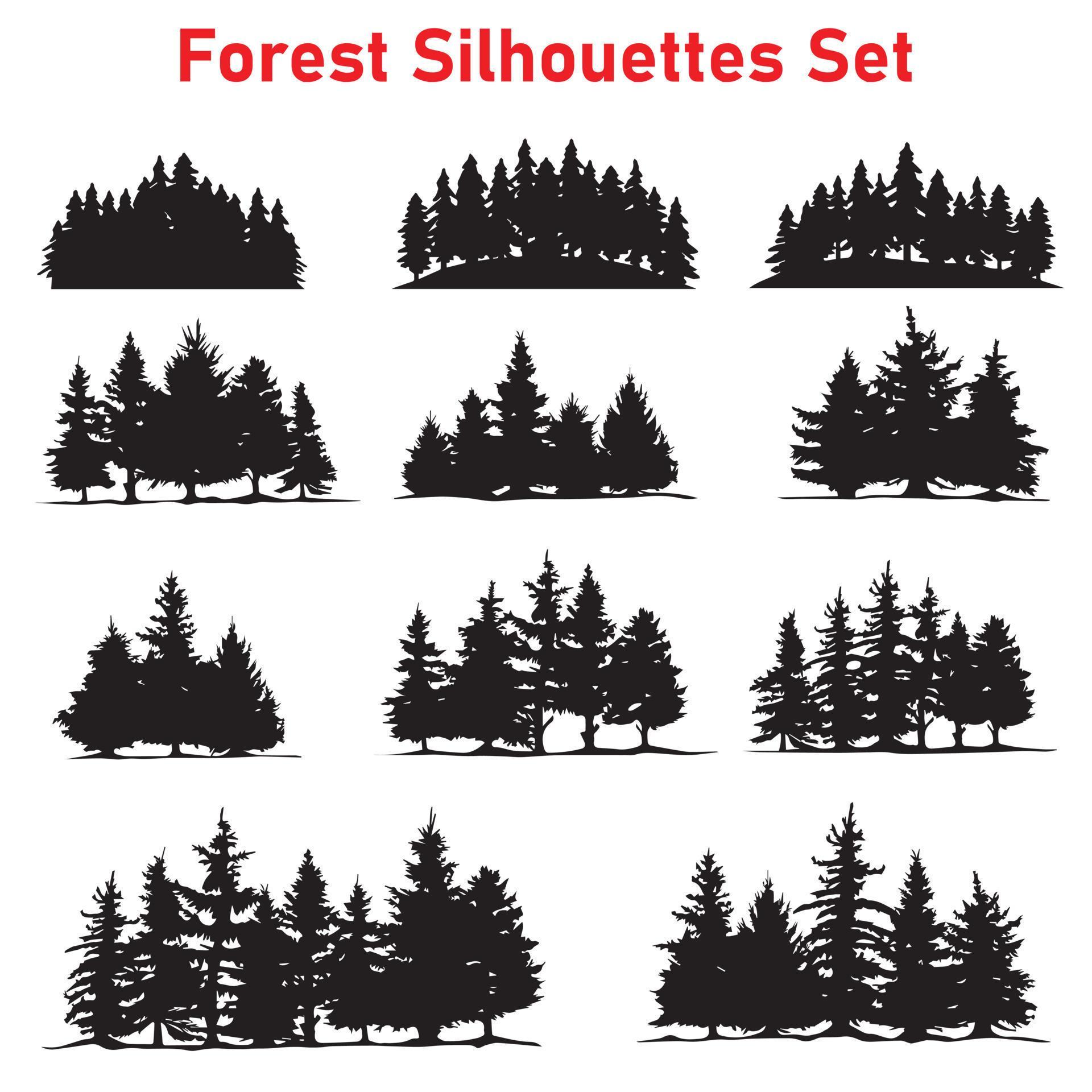 Pine forest silhouettes set, Pine tree silhouette forest set, pine ...