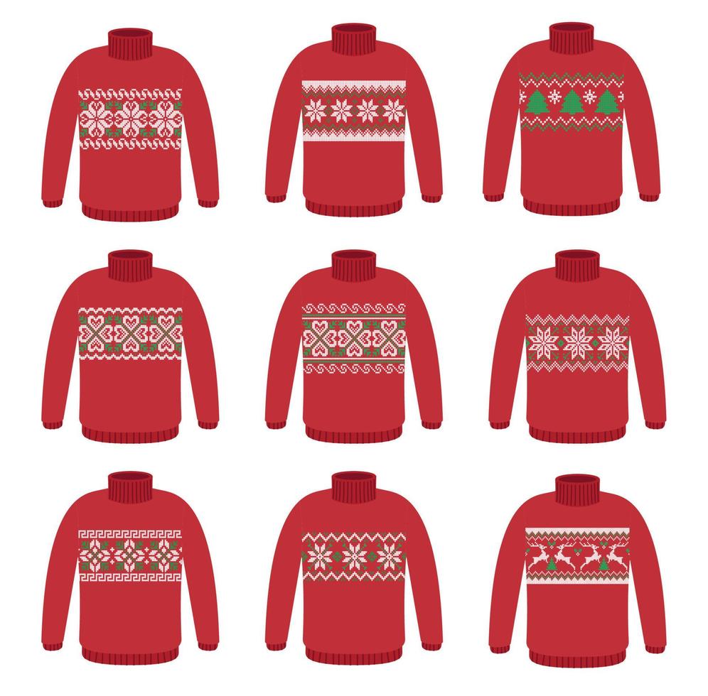 Vector ugly set sweaters for Christmas party. Knitted jumpers with ...